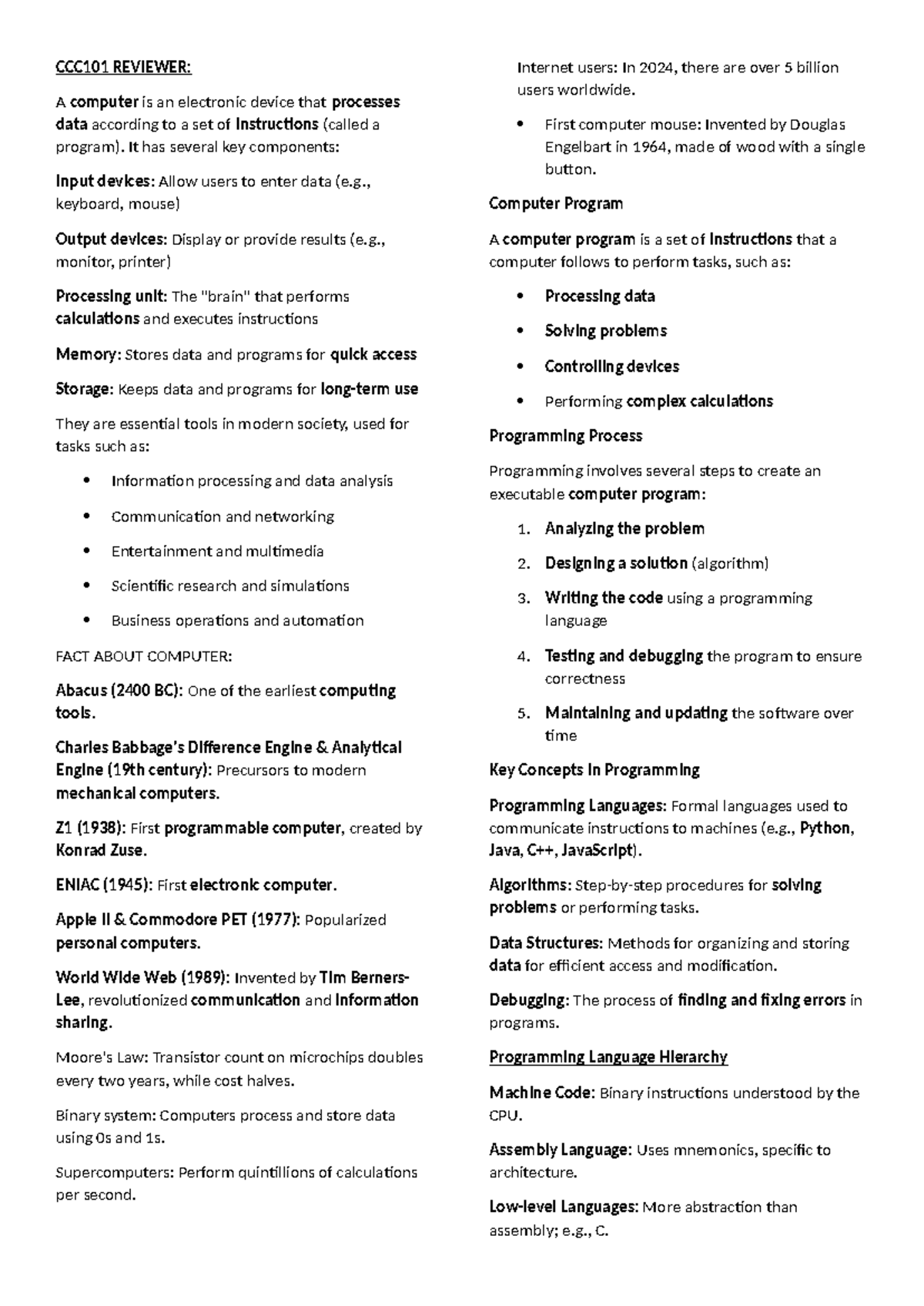 CCC101 Reviewer - CCC101 REVIEWER: A computer is an electronic device ...