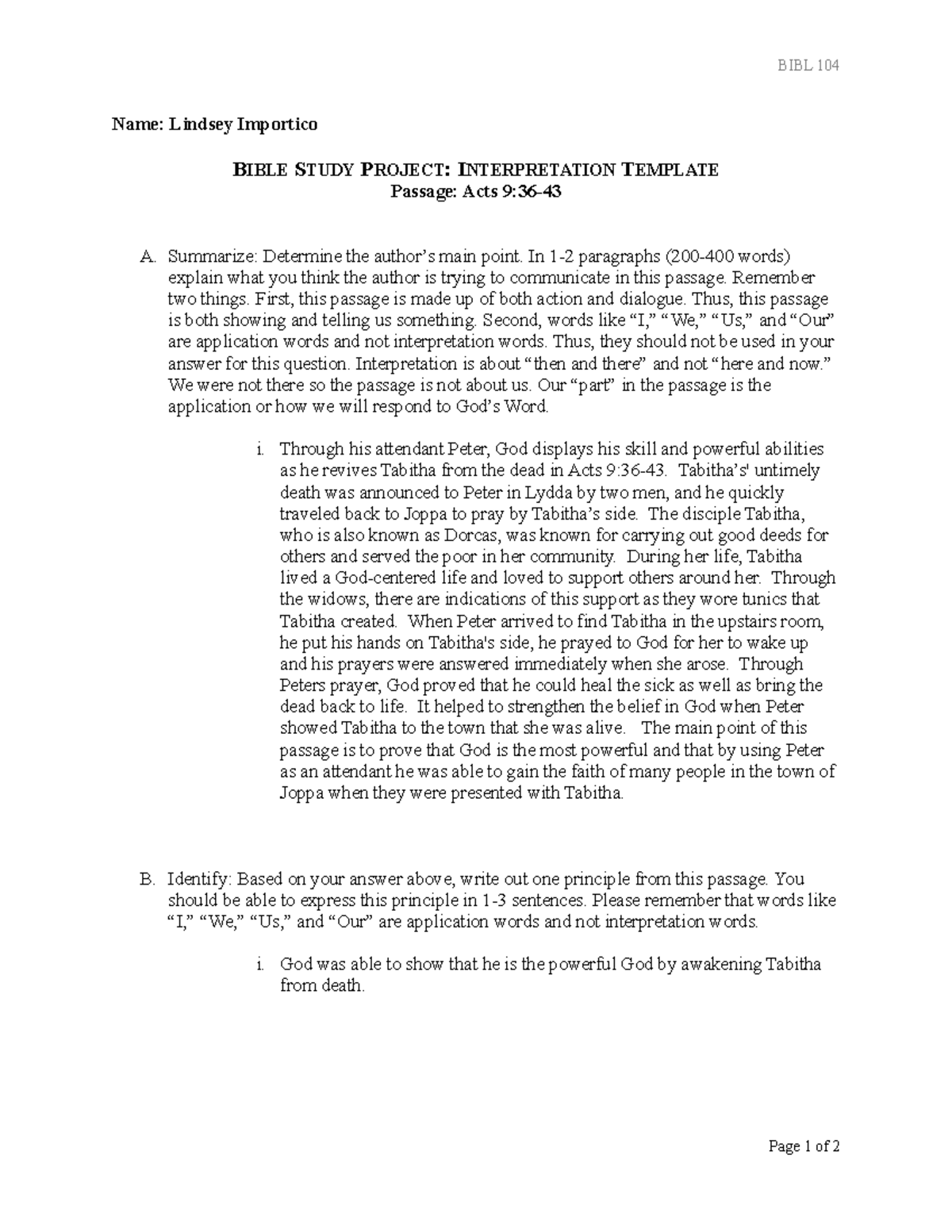 Bible Study Project Interpretation - BIBL 104 Name: Lindsey Importico ...