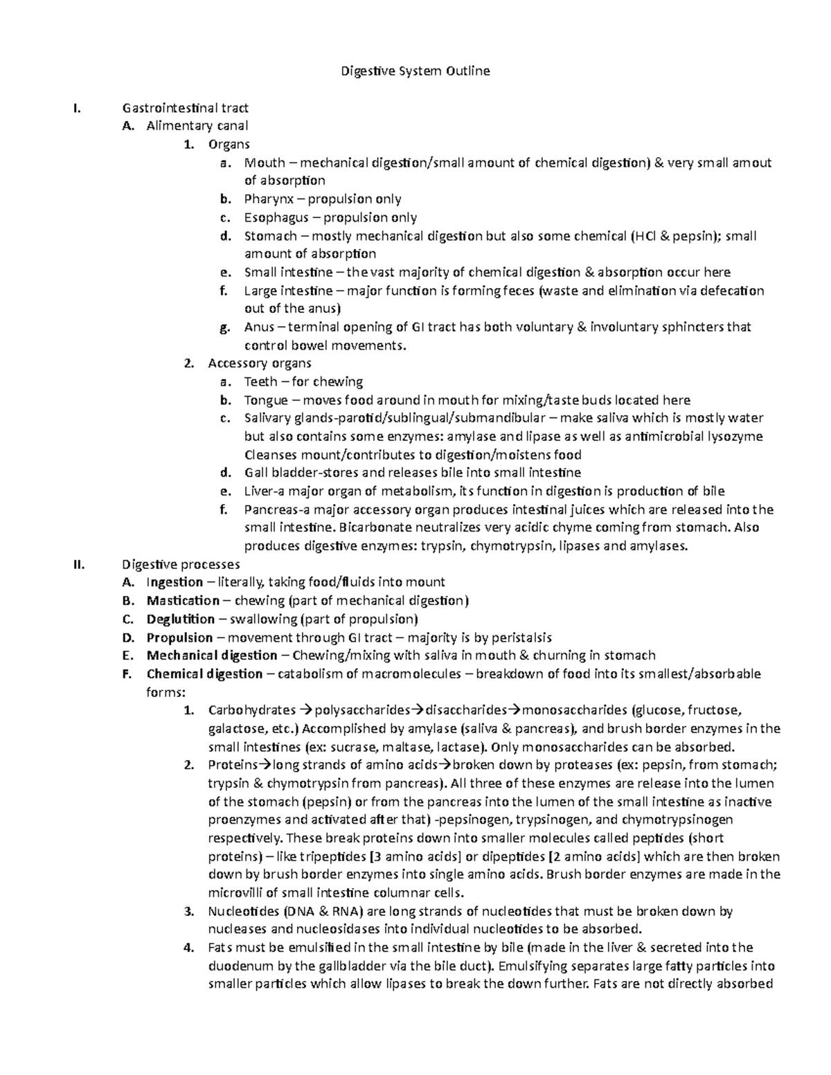 Digestive System Outline - Gastrointestinal tract A. Alimentary canal 1 ...