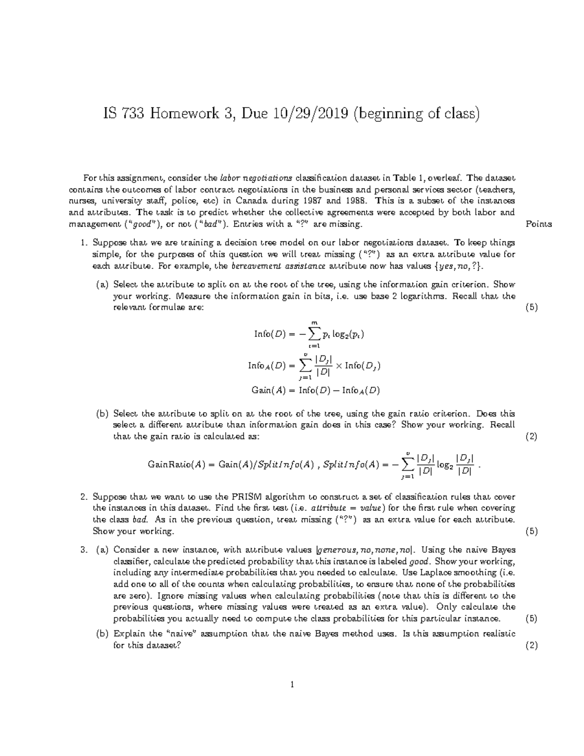 HW3 - Data Mining - IS 733 Homework 3, Due 10/29/2019 (beginning of ...