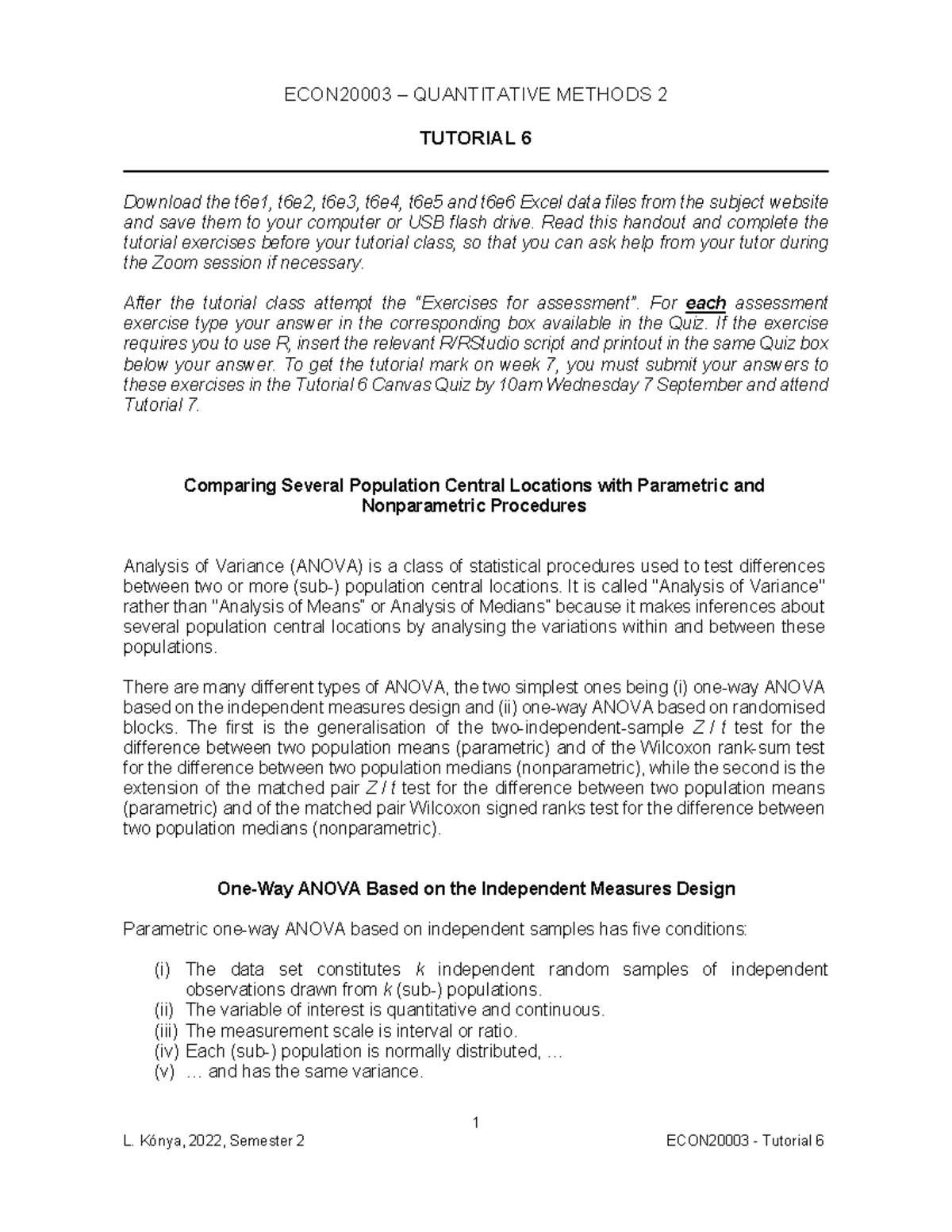 Tutorial 6 Newest20222023 Tut 6 Slides 1 Econ20003 ñ Quantitative Methods 2 Tutorial 6