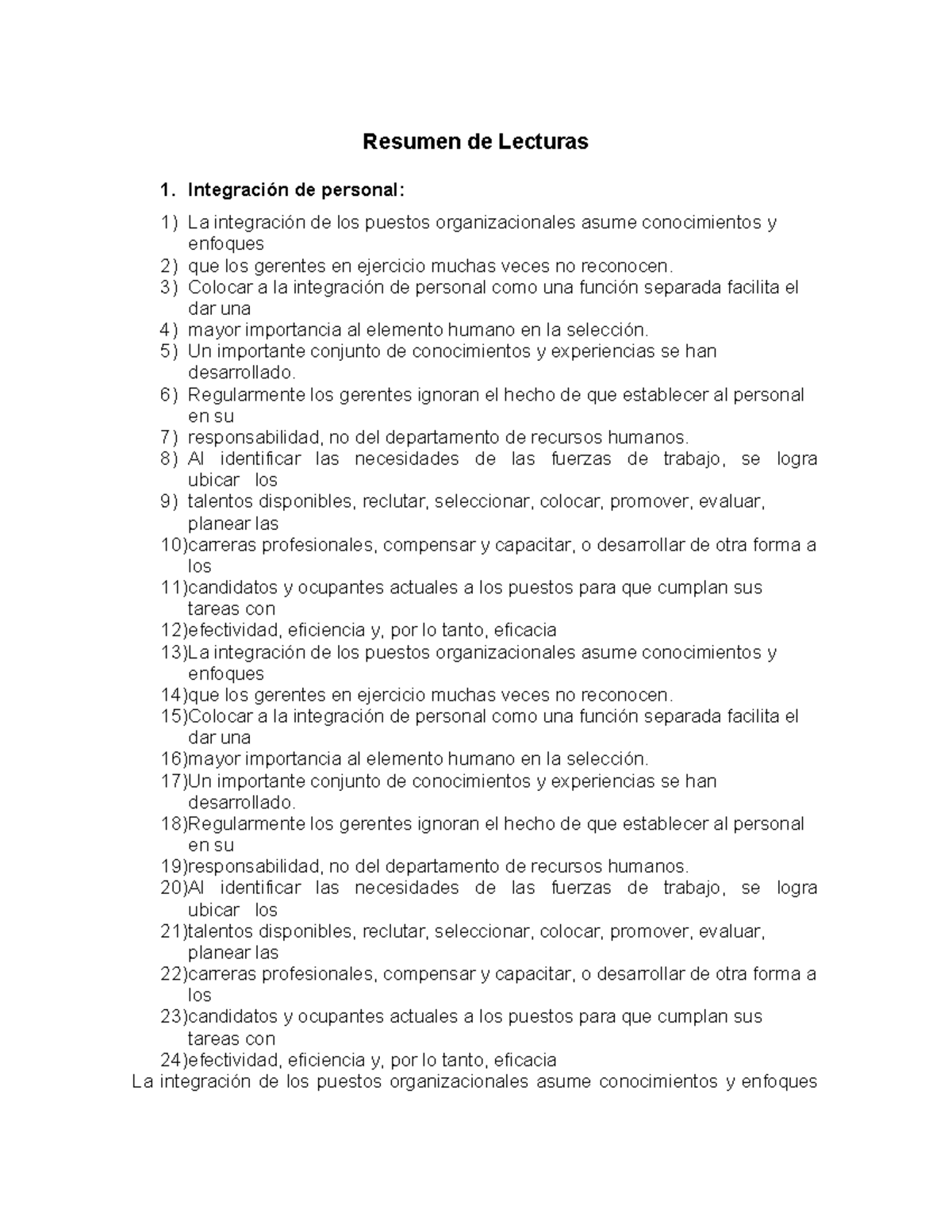 Resumen de Lecturas - Resumen de Lecturas Integración de personal: La ...