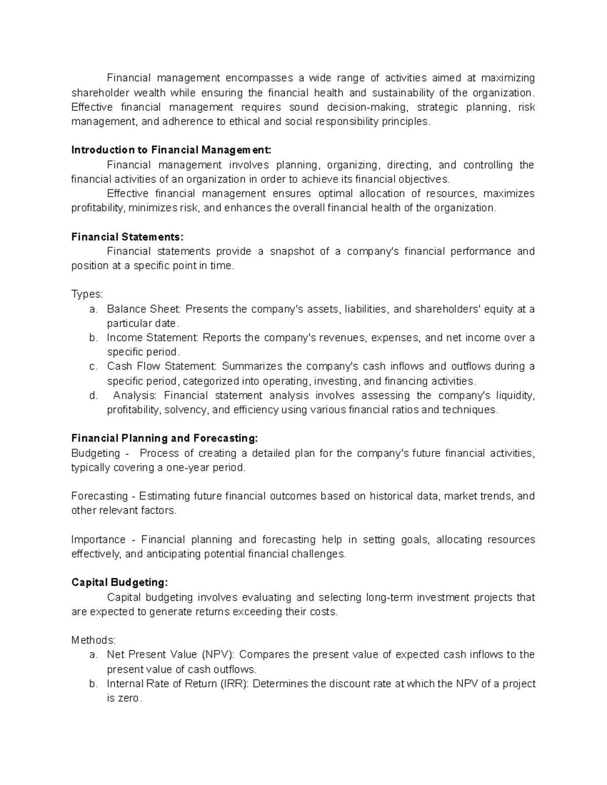 Review Notes Financial Management - Financial management encompasses a ...