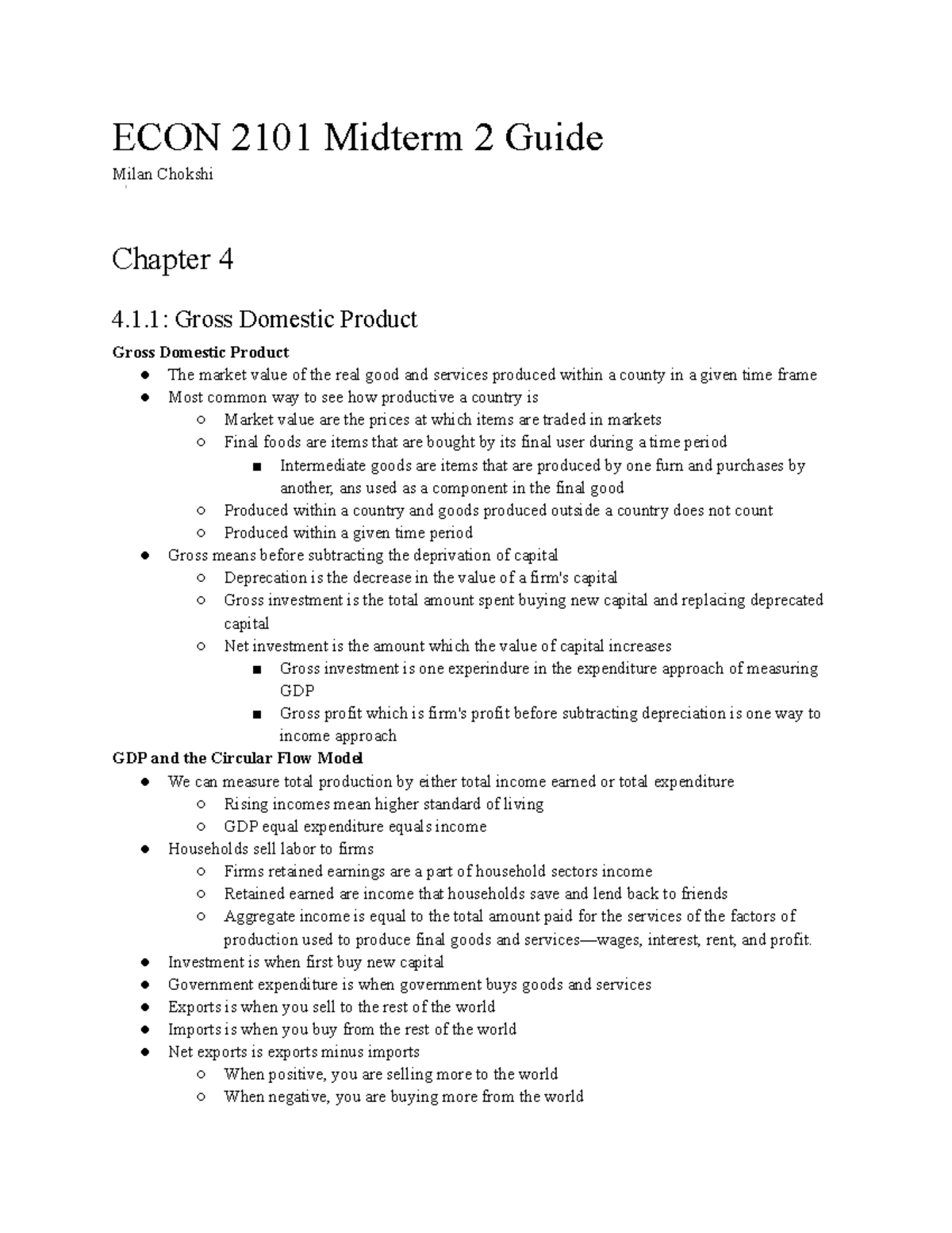 ECON 2101 Midterm 2 Guide - ECON 2101 Midterm 2 Guide Milan Chokshi Chapter 4 4.1: Gross ...