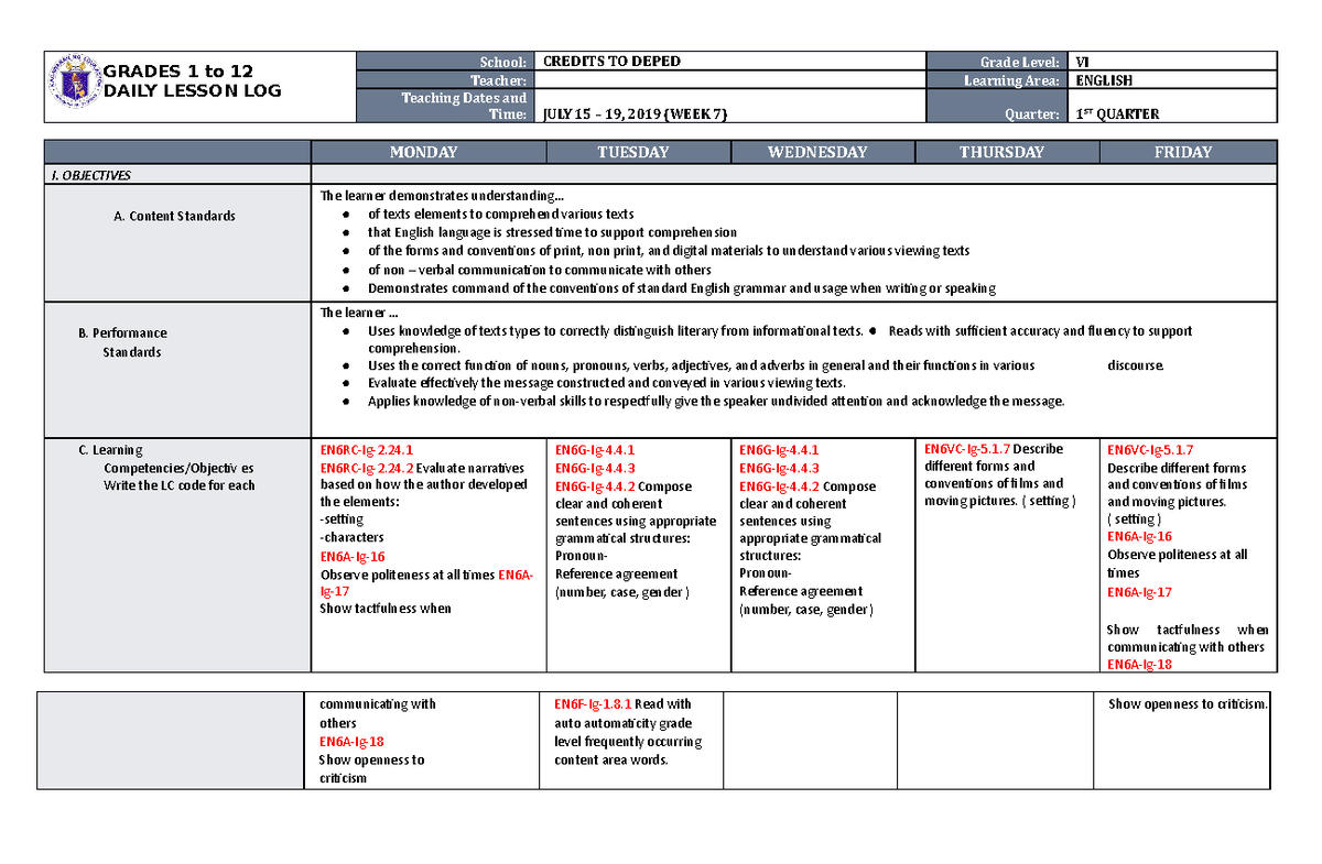 DLL Quarter 1 Week 7 English 6 - GRADES 1 to 12 DAILY LESSON LOG School ...