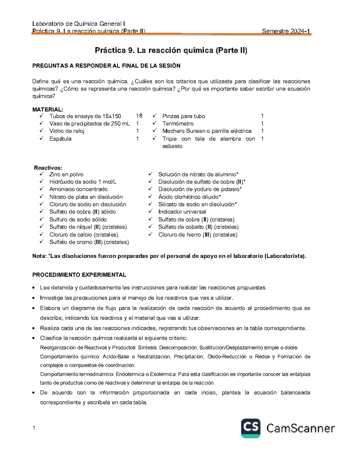 Practica 9 quimica 1 - Práctica 9. La reacción química (Parte II) Semestre 202 4 - 1 Práctica 9 ...
