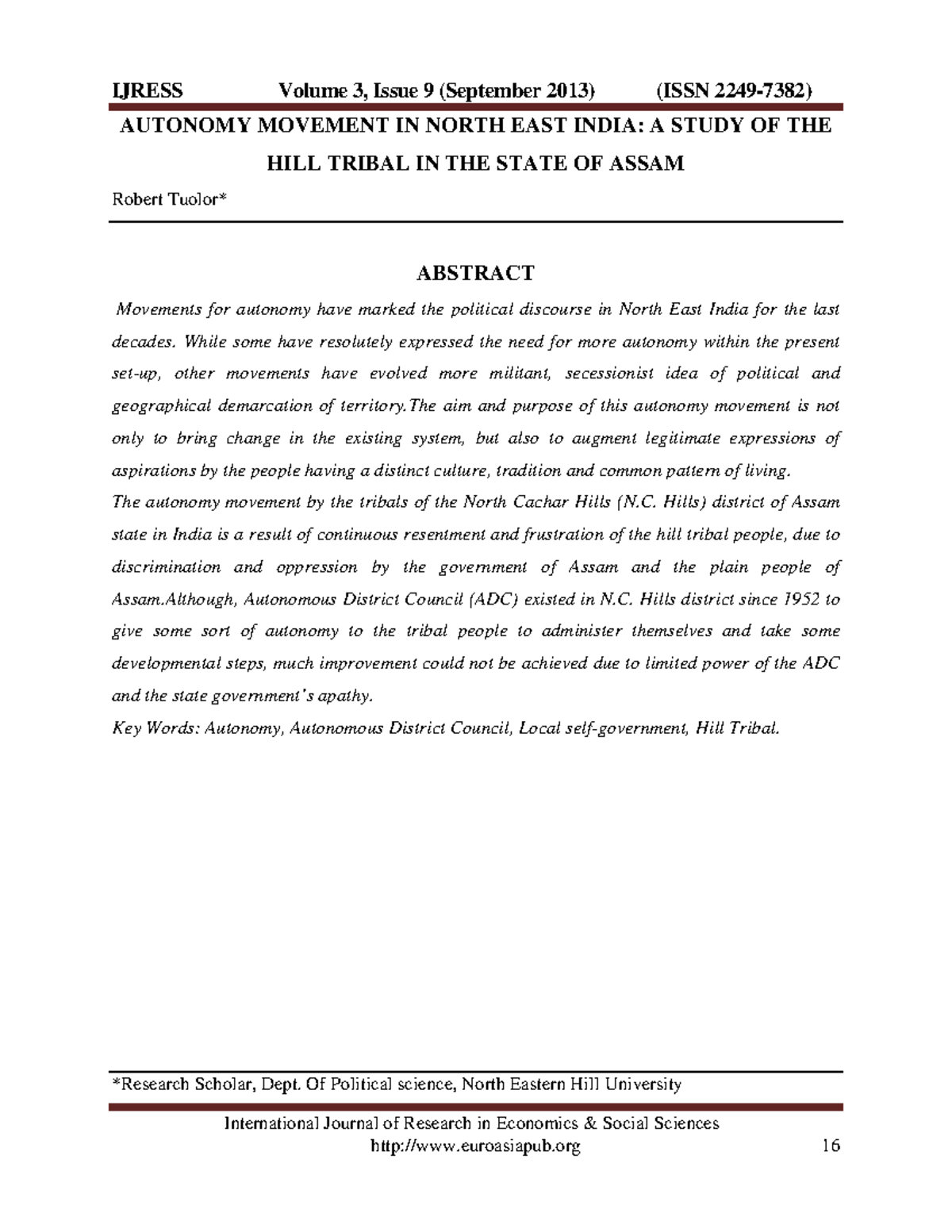 Autonomy Movement IN North EAST India - International Journal of ...