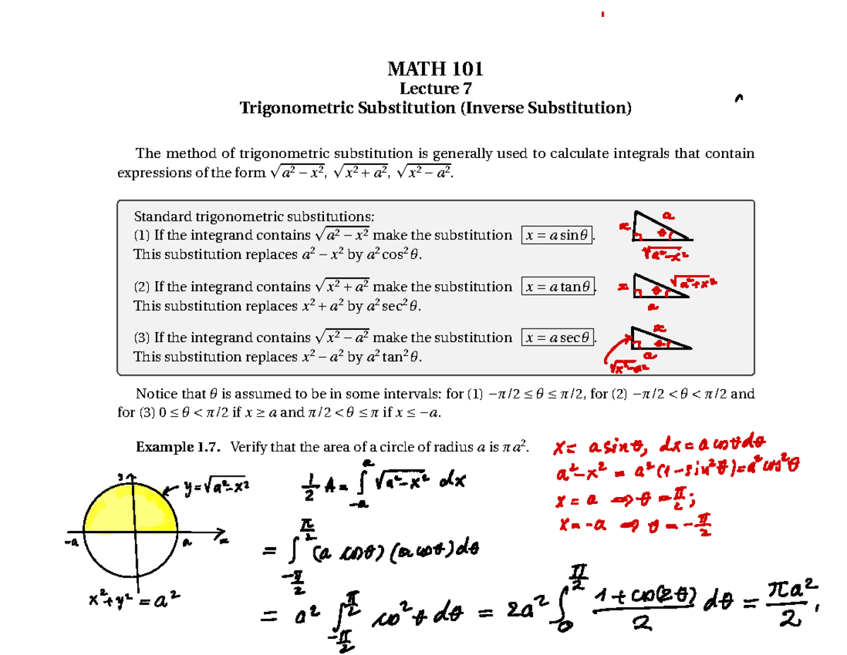 Lec07 - notes - MATH 101 Lecture 7 Trigonometric Substitution (Inverse ...