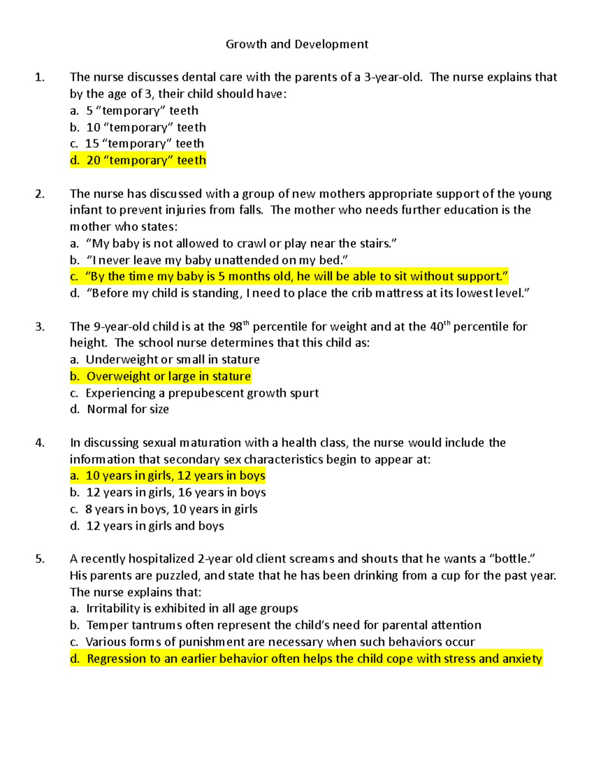 Growth And Development Quiz Answer Key Growth And Development The