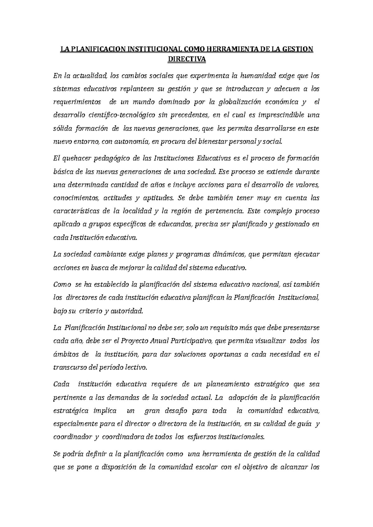 La planificacion institucional - LA PLANIFICACION INSTITUCIONAL COMO ...