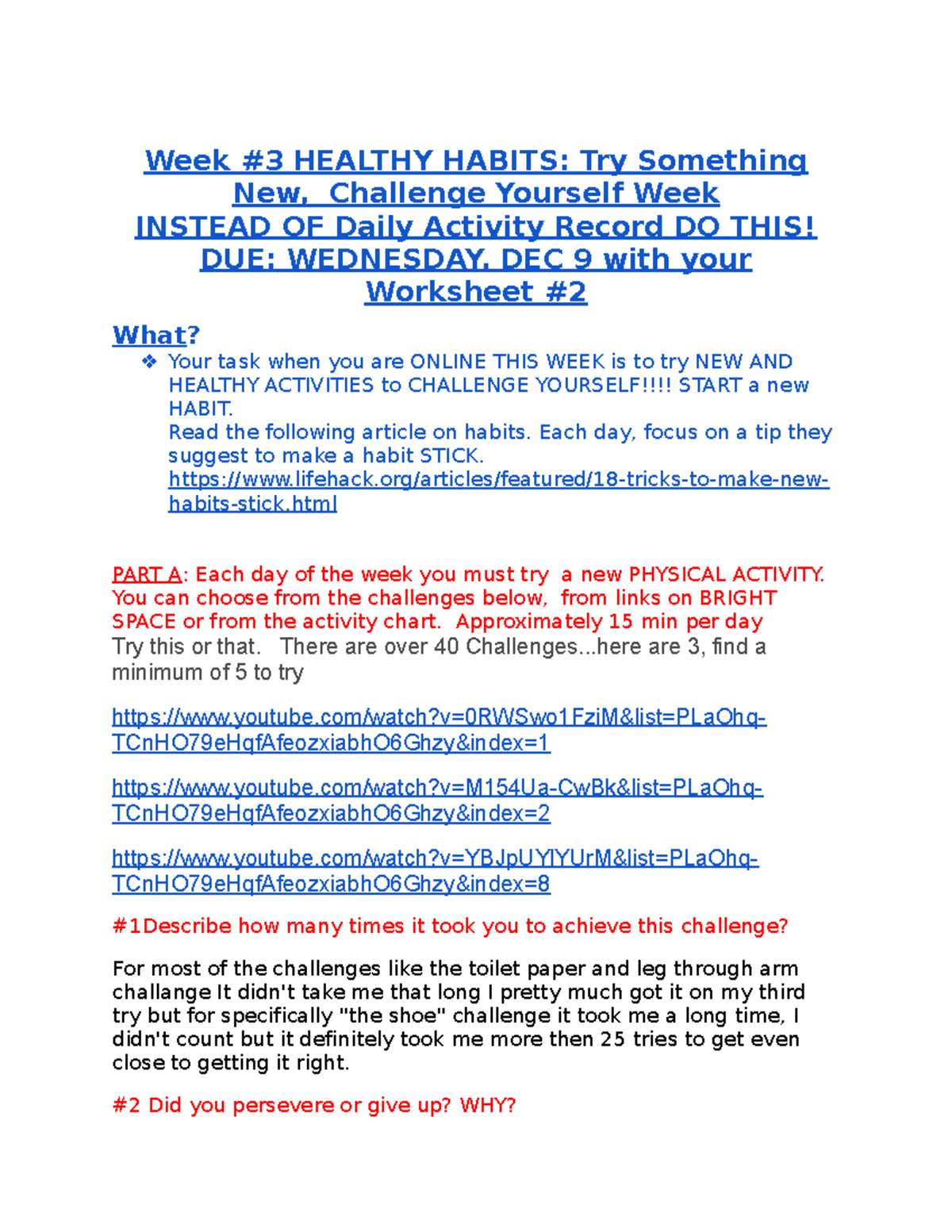 QUAD 2 Worksheet #2 Try Something New Challenge Week - Week #3 HEALTHY ...