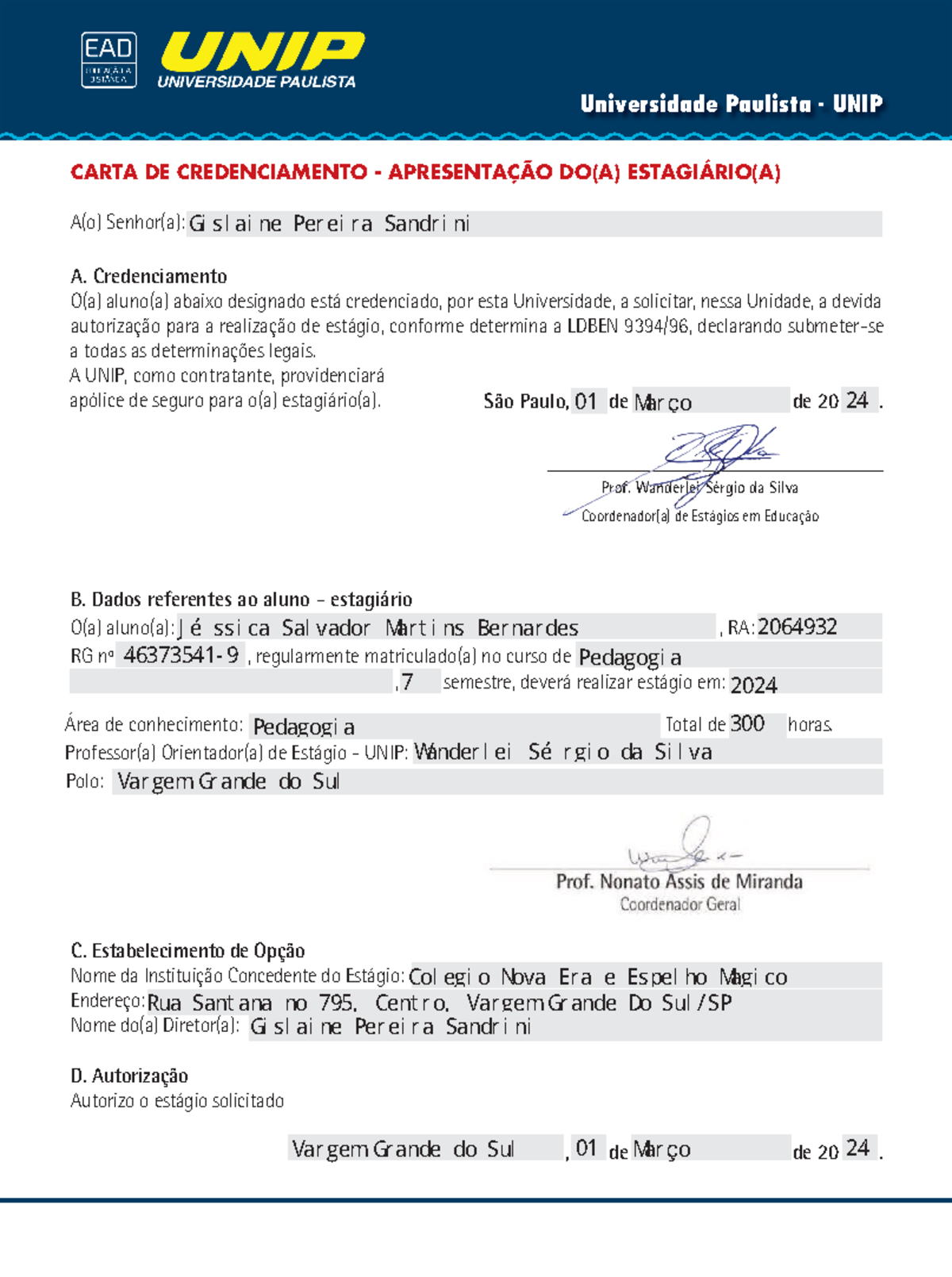 Carta Apresentação - Universidade Paulista - UNIP São Paulo, de de 20 ...