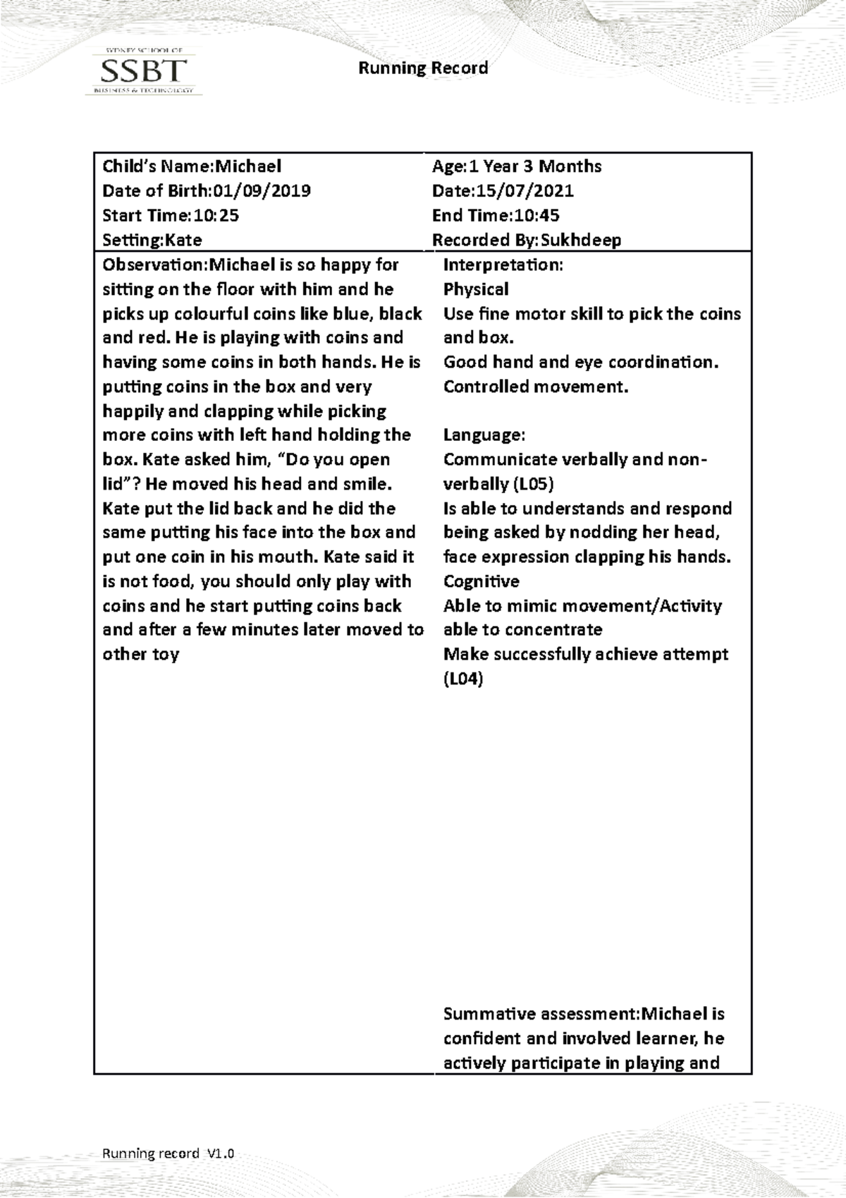 Running Record Template Running Record Child s Name Michael Date Of