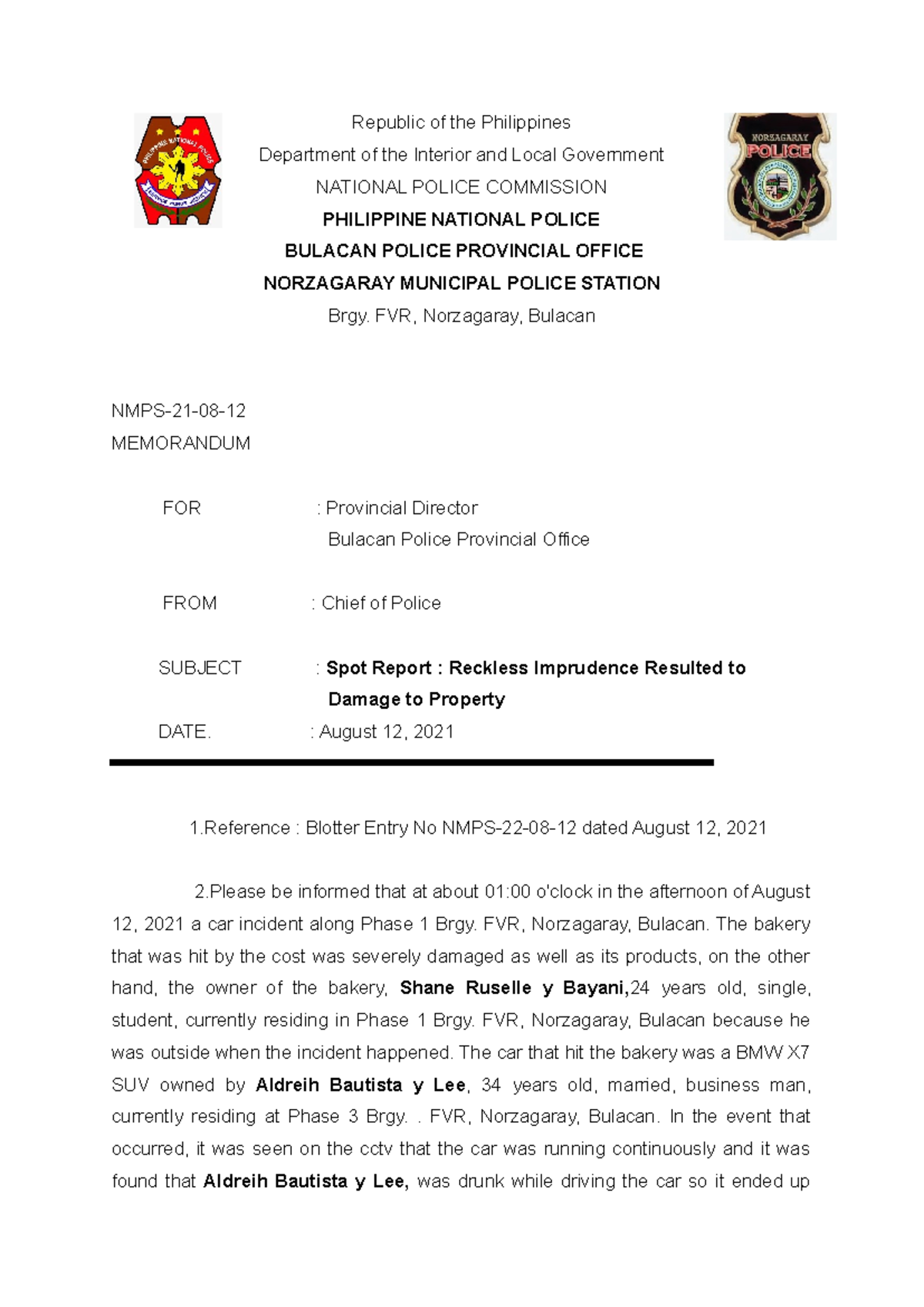 Spot Report and Blotter Report - Republic of the Philippines Department of the Interior and ...