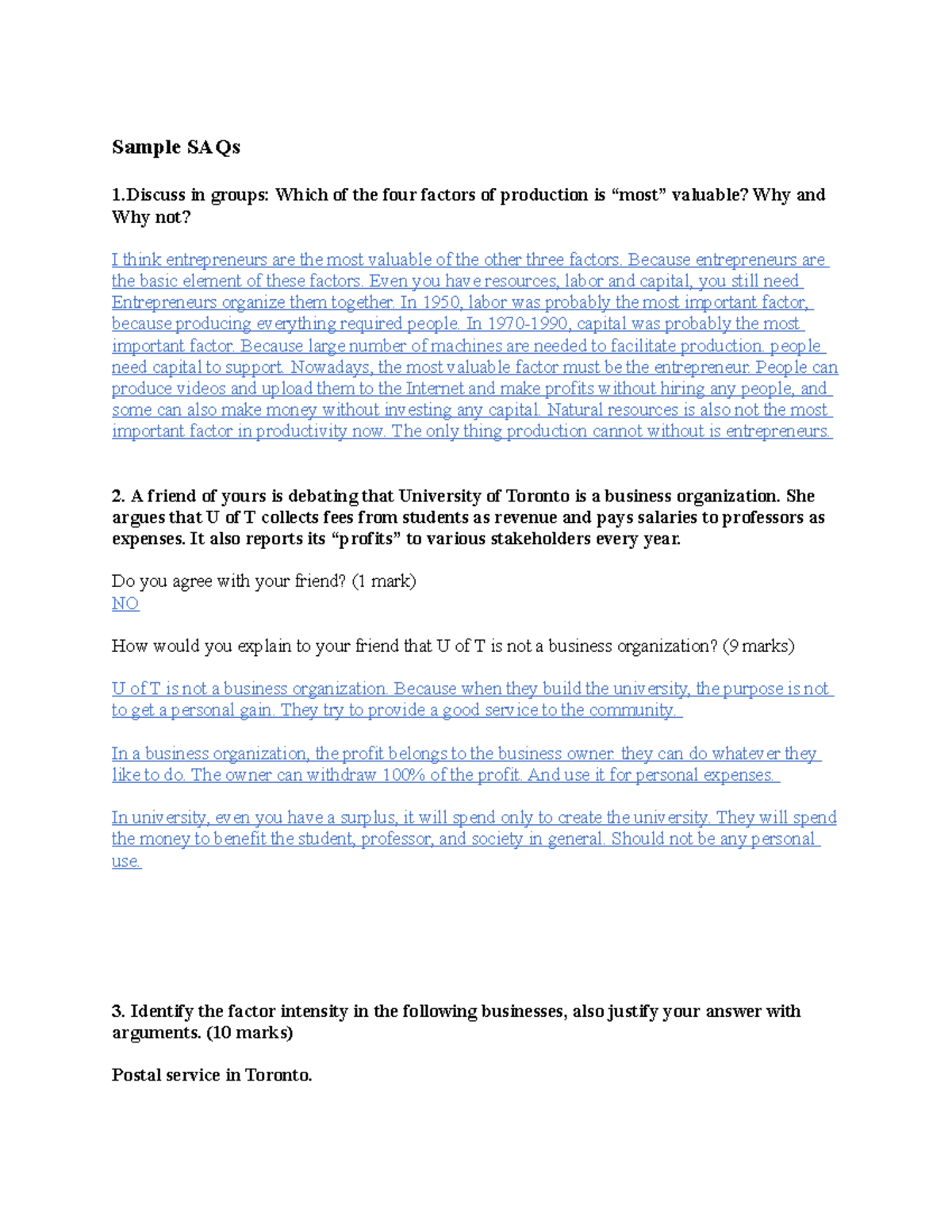 Sample SAQs - SAQs - Sample SAQs 1 in groups: Which of the four factors ...