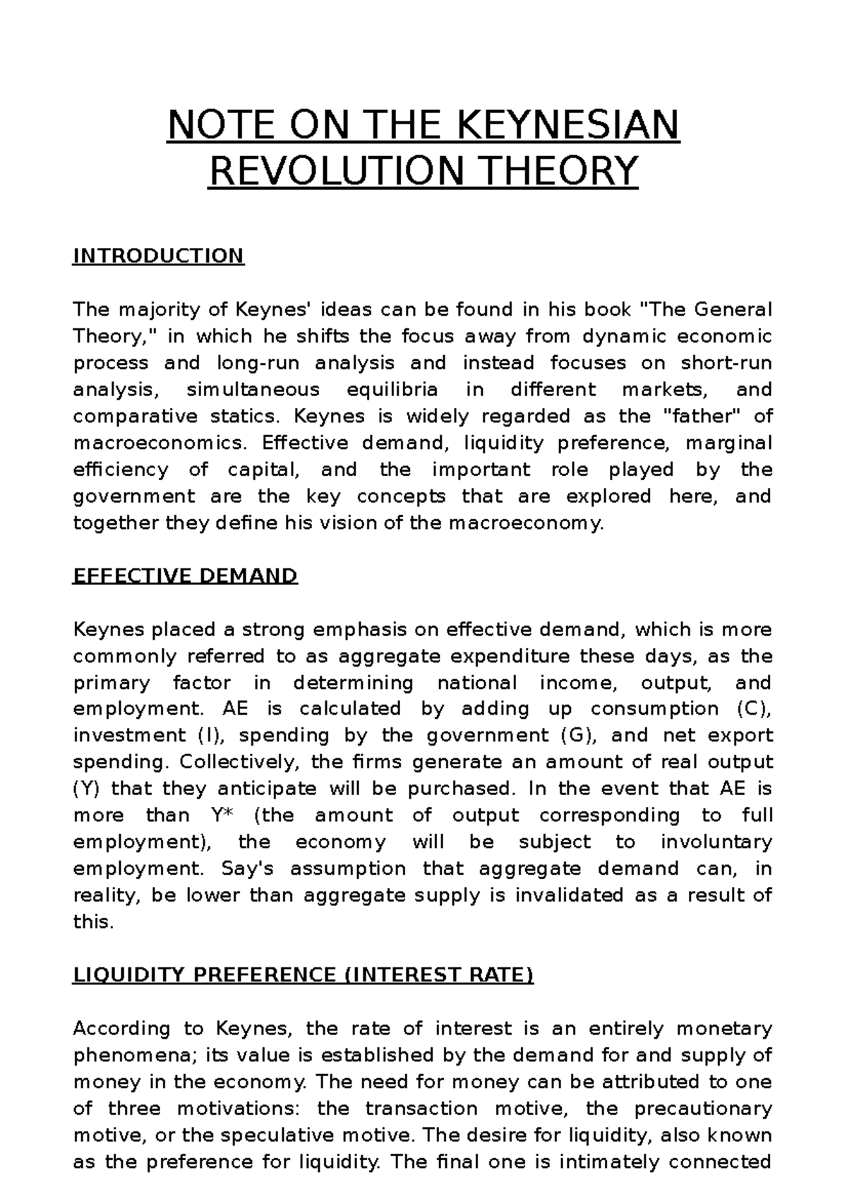 NOTE ON THE Keynesian Revolution Theory - NOTE ON THE KEYNESIAN ...