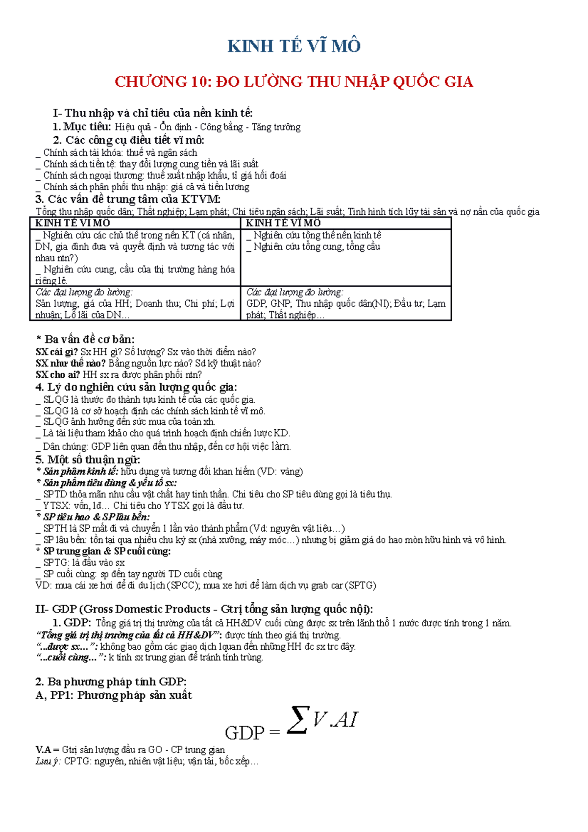 ĐỀ CƯƠNG KTVM - KTVM TONG HOP - KINH TẾ VĨ MÔ CHƯƠNG 10: ĐO LƯỜNG THU NHẬP QUỐC GIA **I- Thu ...