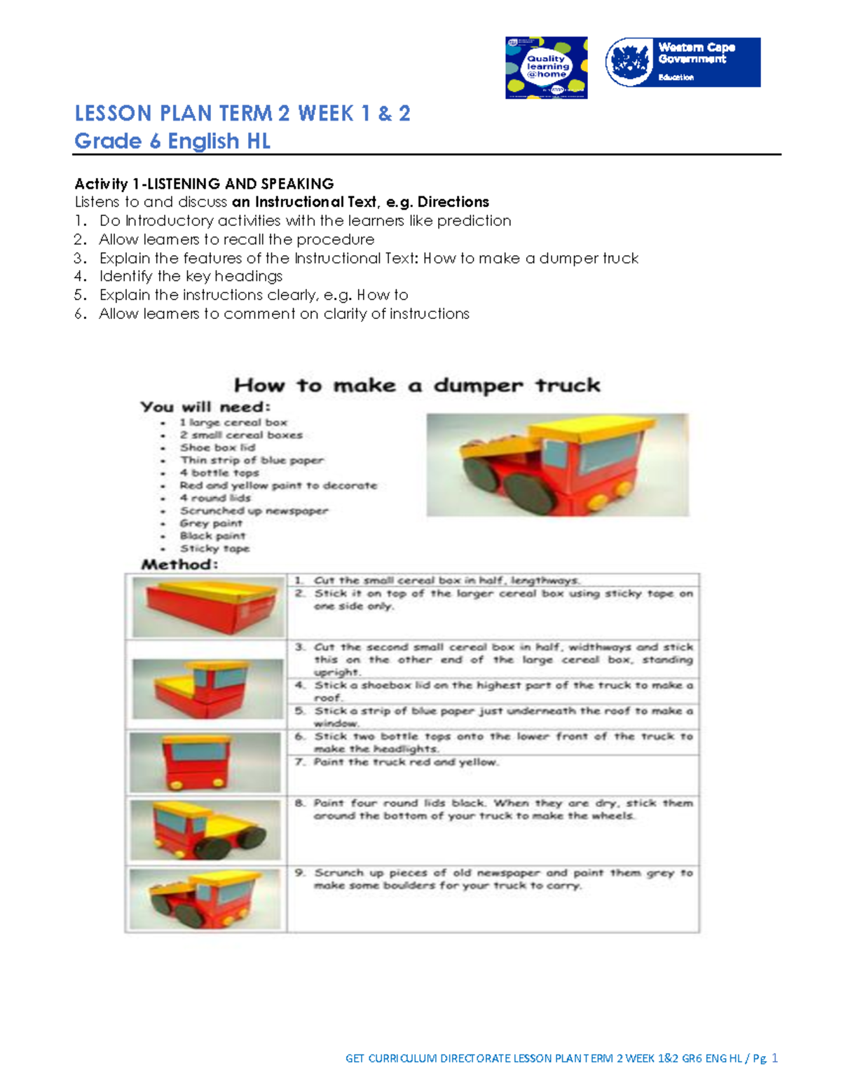 Lesson Plan ENG HL GR6 T2 W1 - LESSON PLAN TERM 2 WEEK 1 & 2 Grade 6 ...
