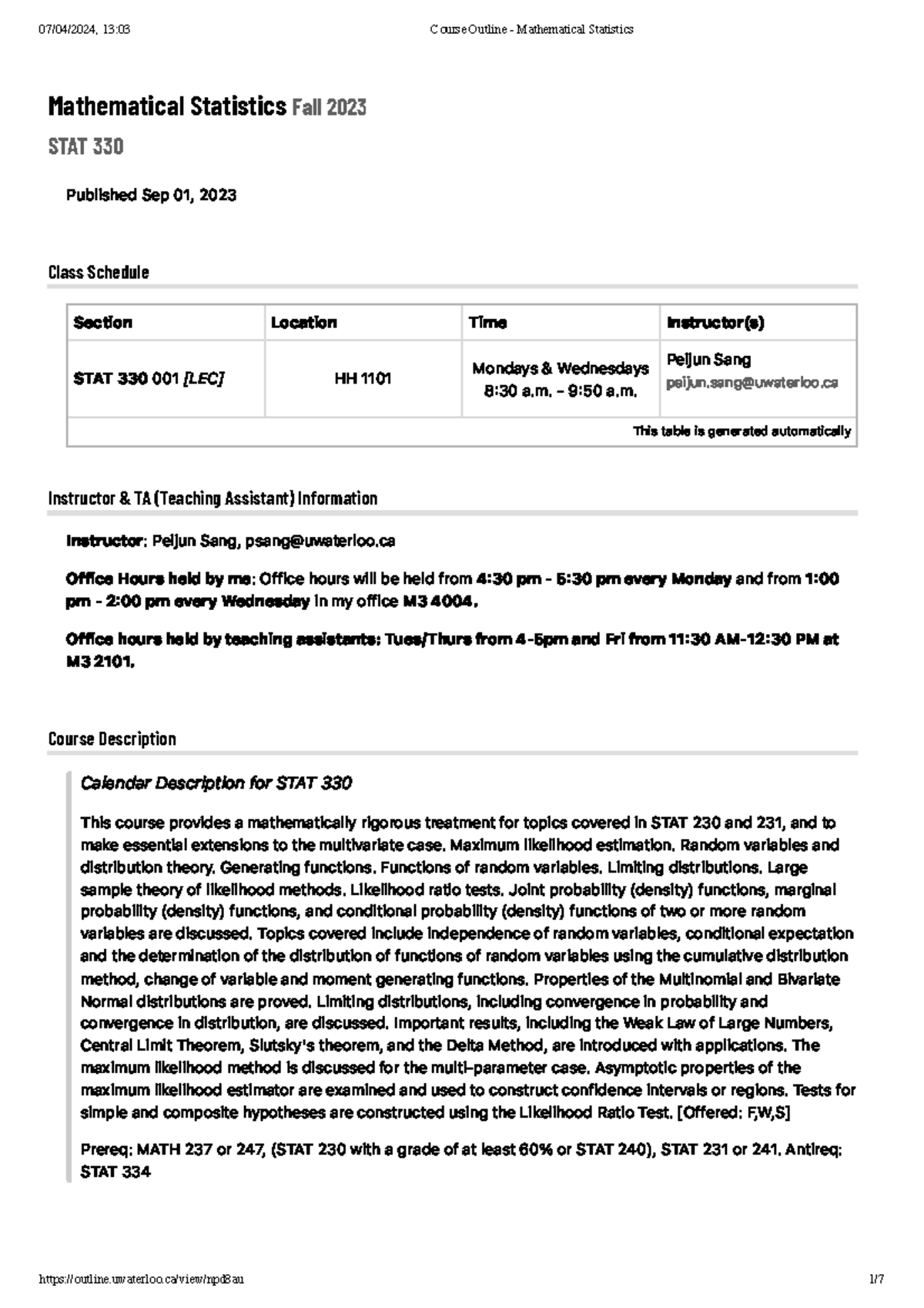 Course Outline - Mathematical Statistics - Mathematical Statistics Fall ...