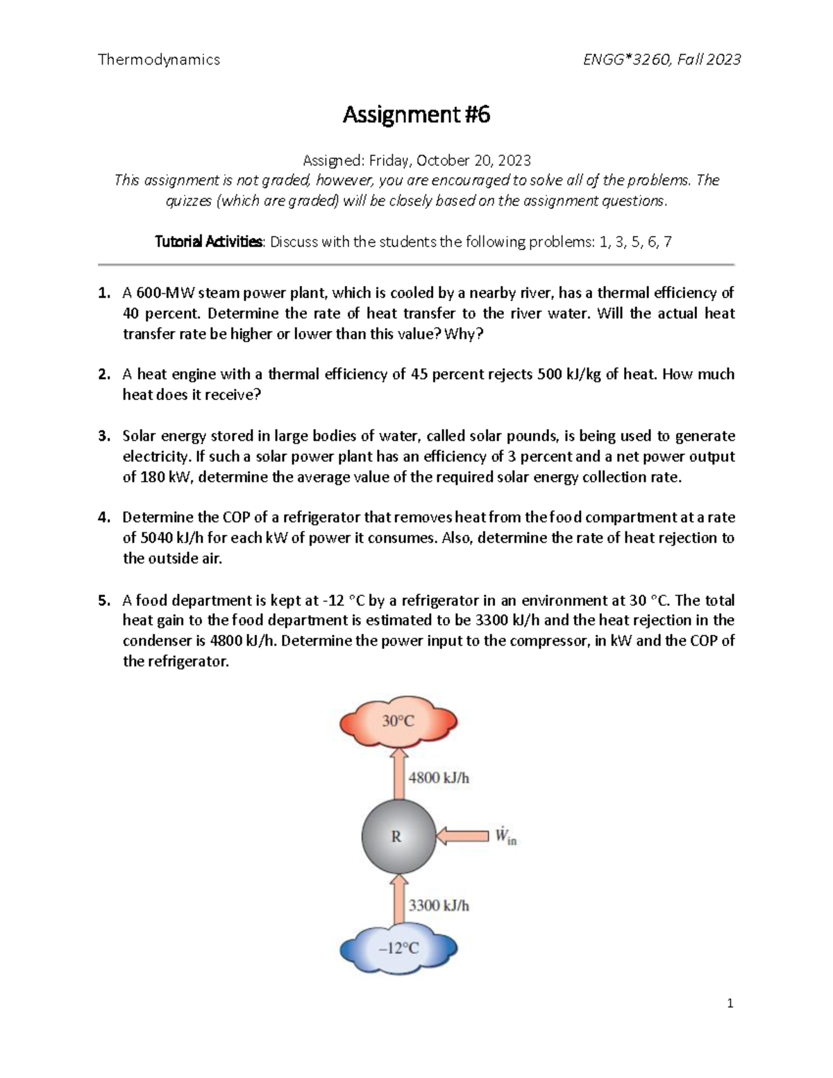 Assignment 6 - Lec. - Thermodynamics ENGG*3260, Fall 202 3 1 Assignment Assigned: Friday ...