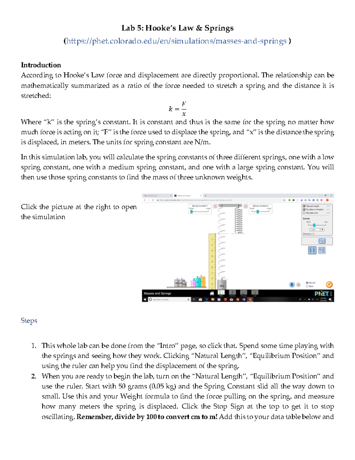 Lab 5 Hooke’s Law and Springs - Lab 5: Hooke’s Law & Springs - Studocu