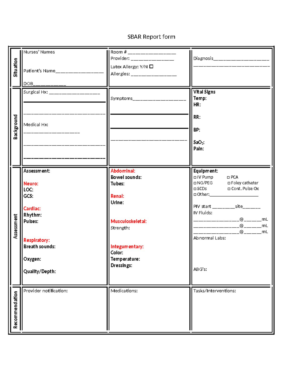 Report form for SBAR copy - SBAR Report form Situation Nurses’ Names ...