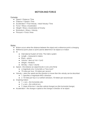 Physics Notes 4 Force - FORCE Formulas Speed = Distance / Time Distance ...