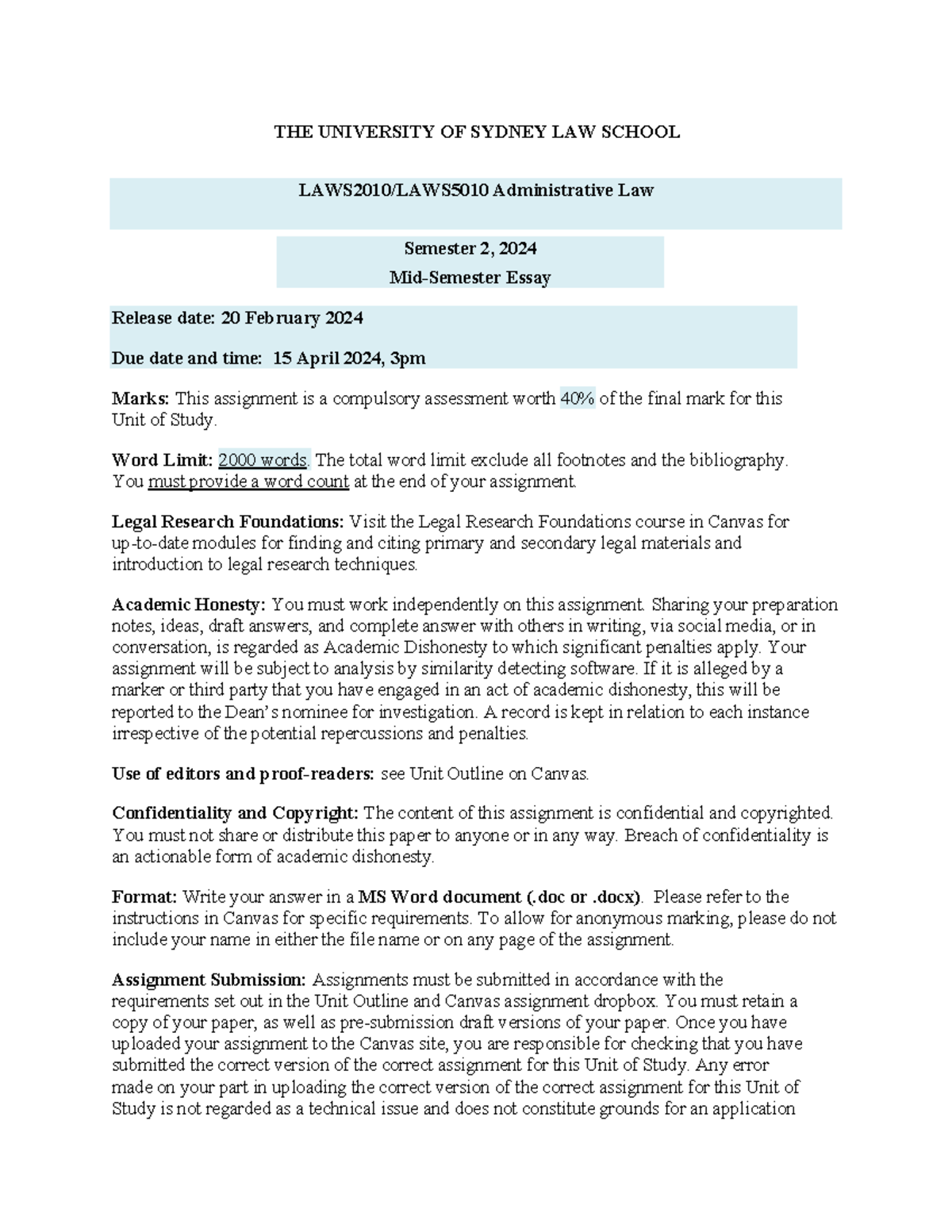 IN-SEM ASSIGNMENT - THE UNIVERSITY OF SYDNEY LAW SCHOOL LAWS2010 ...