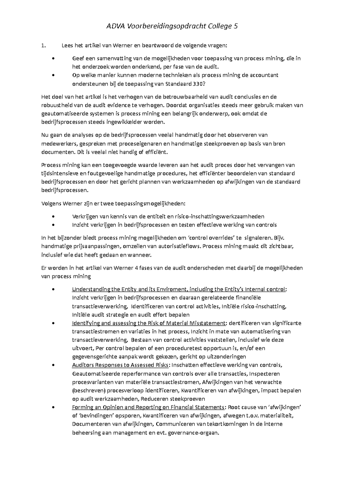 ADVA Voorbereidingsopdracht College 5 - Lees het artikel van Werner en ...