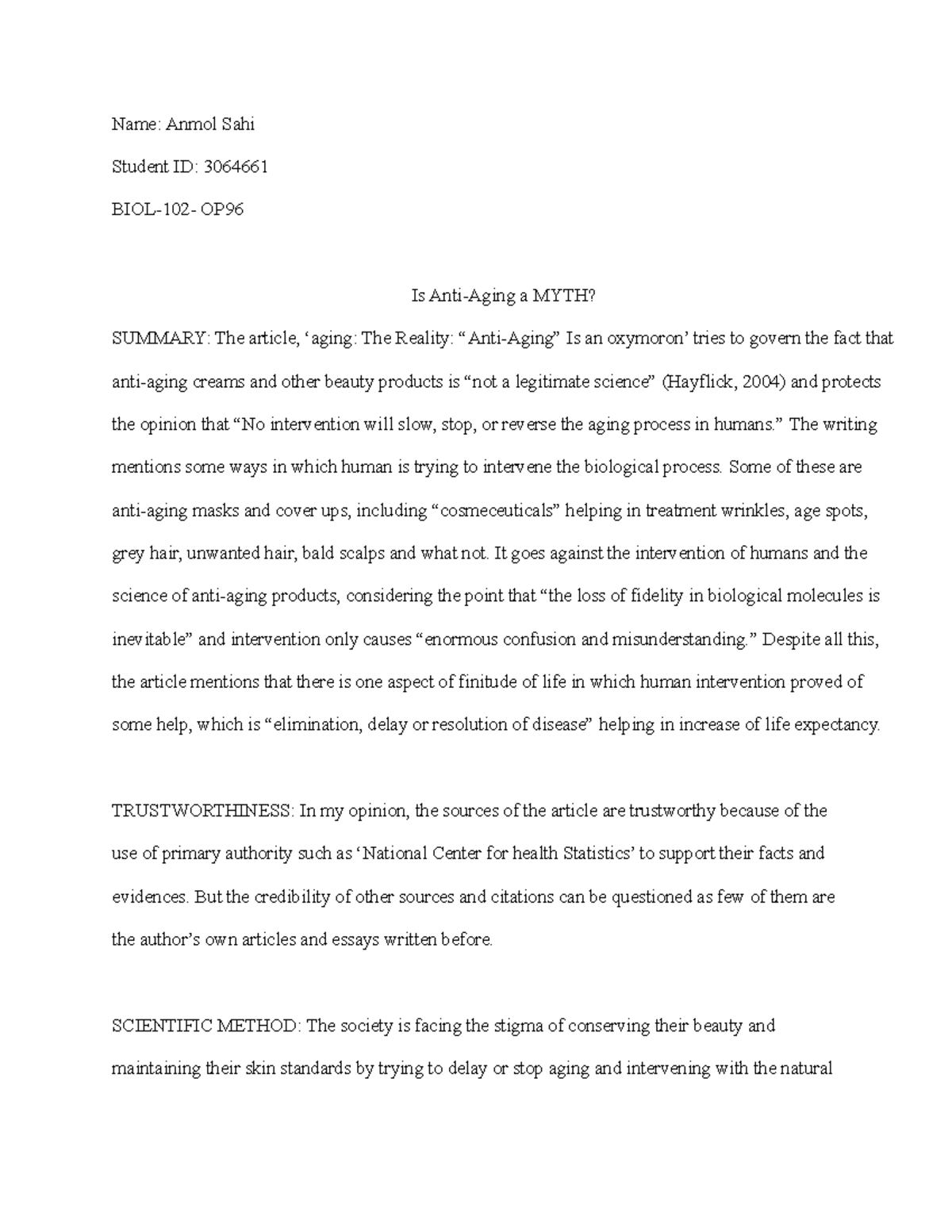 BIOL Assignment 1 - Name: Anmol Sahi Student ID: 3064661 BIOL-102- OP ...