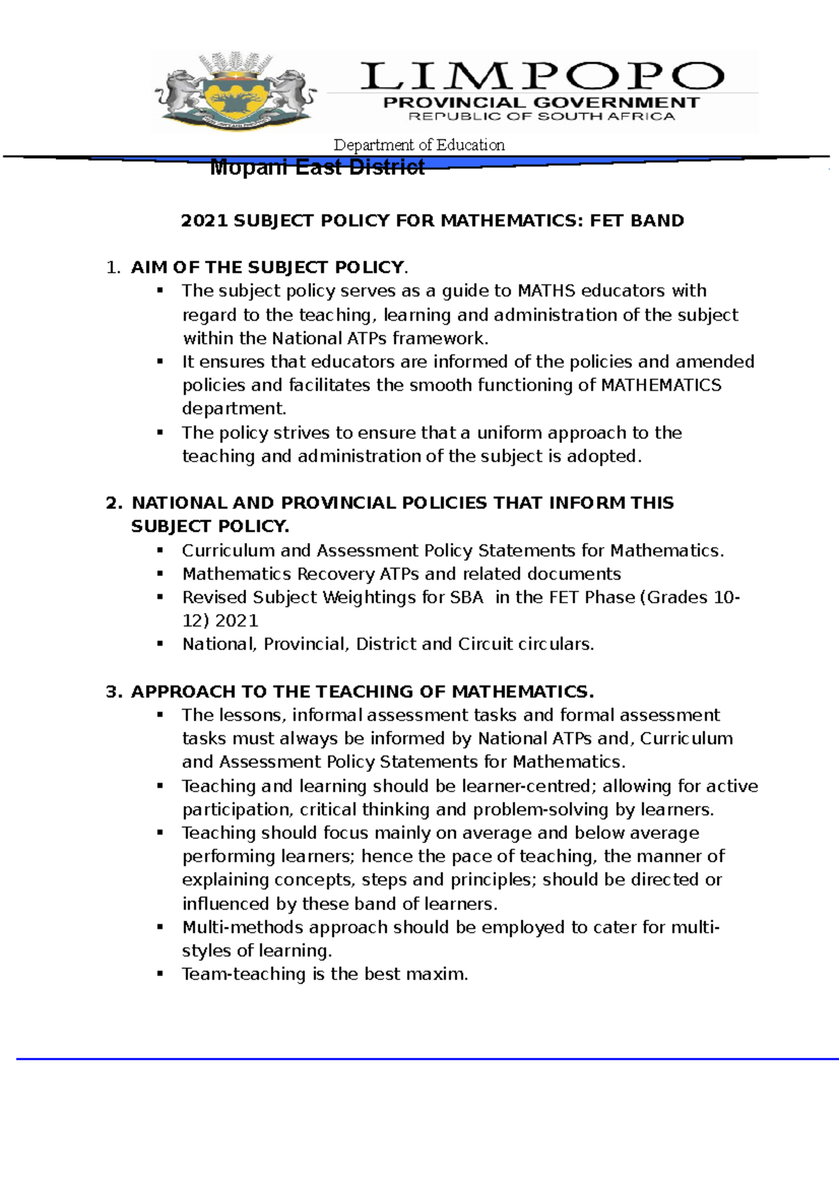 2022 Mathematics Subject Policy - Mopani East District 2021 SUBJECT ...
