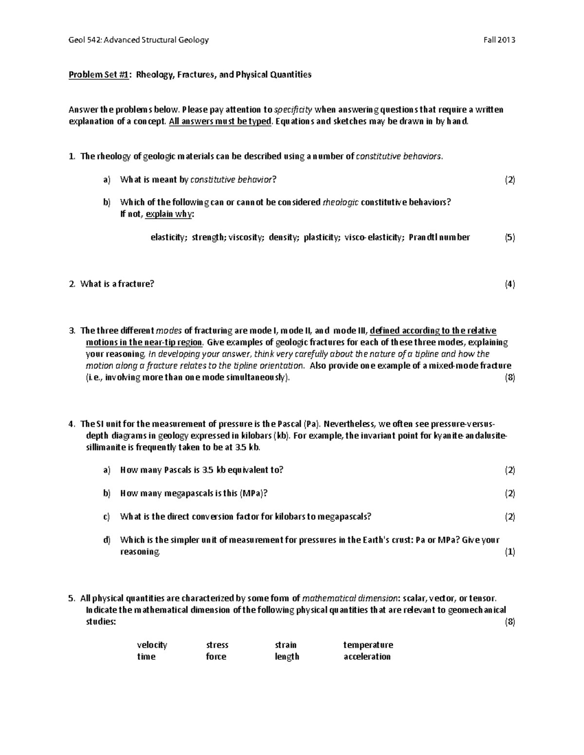 Problem Set 1: Rheology, Fractures, and Physical Quantities - Geol 542 ...