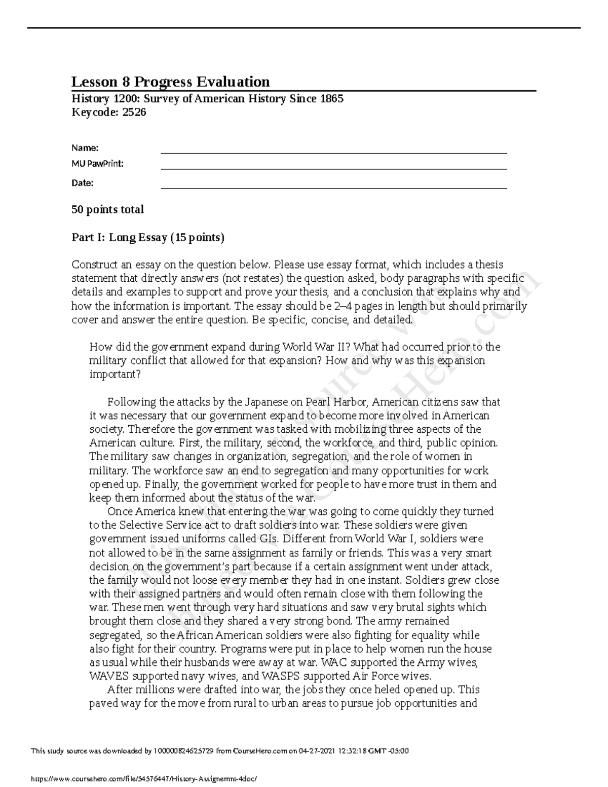 History Assignemnt 4 - assignment 4 - Lesson 8 Progress Evaluation ...