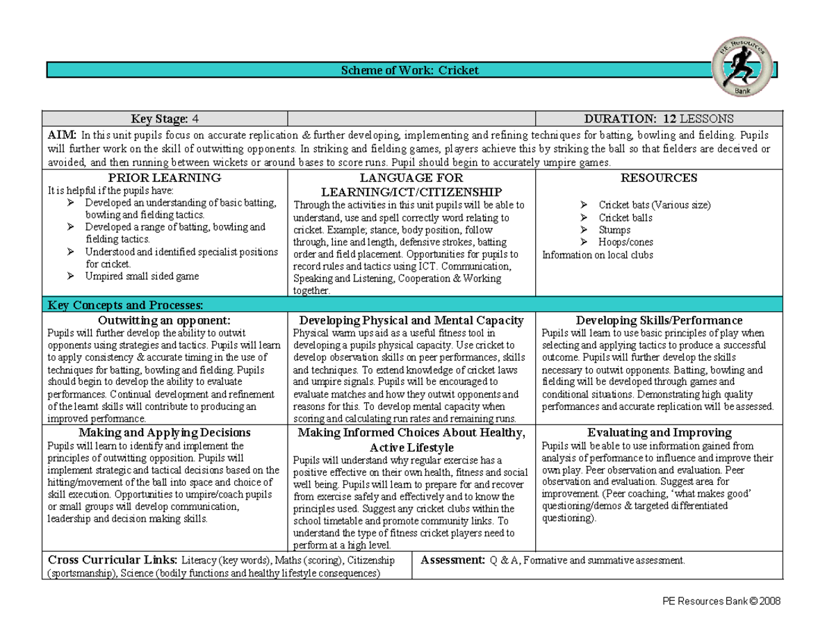 KEY Stage 4 Cricket Schemes OF WORK - Scheme of Work: Cricket Key Stage ...