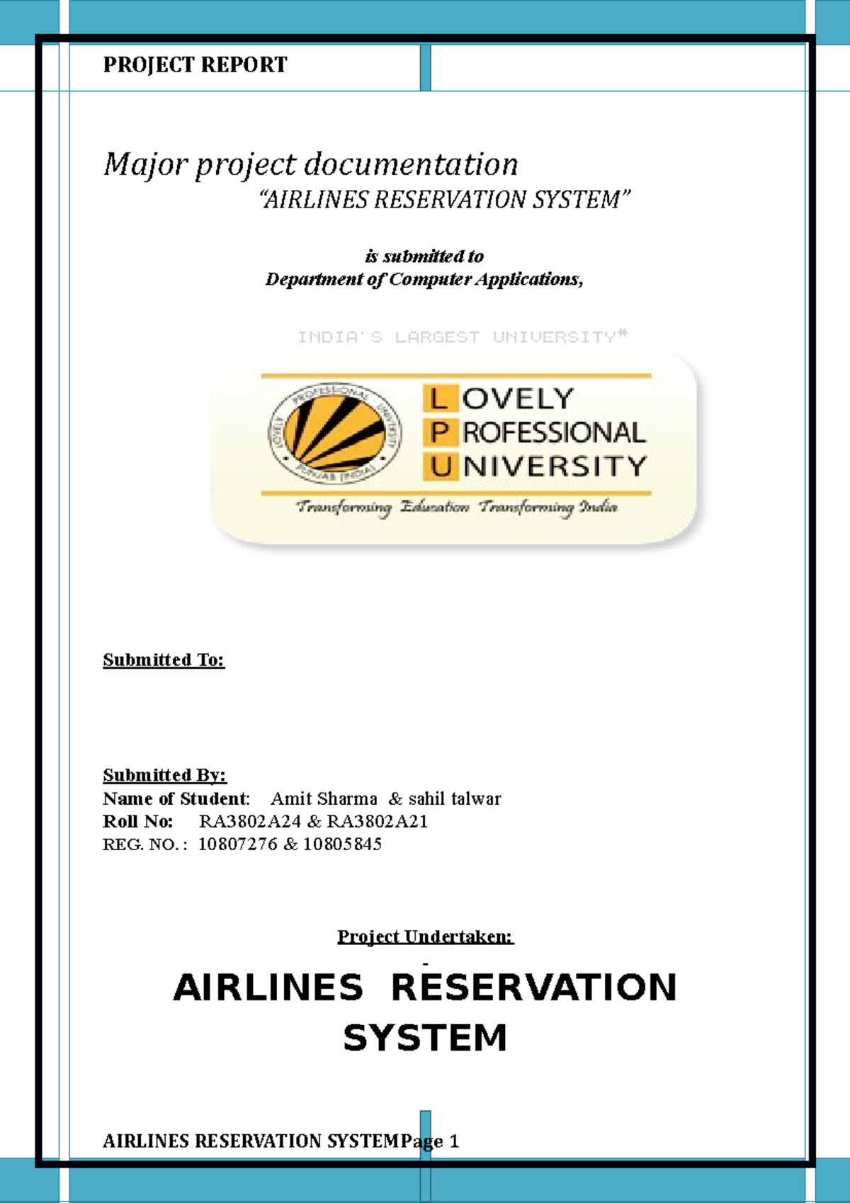 Airline Reservation System Project Docum - Major project documentation ...