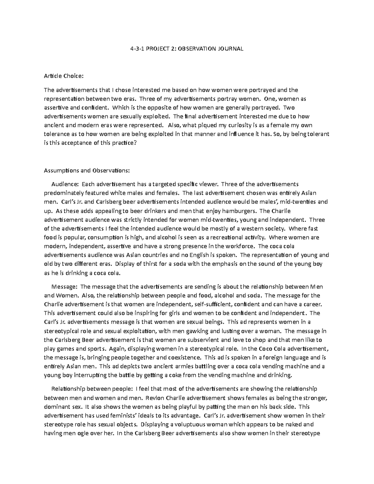 4-3-1 Project 2; Observation Journal - 4-3-1 PROJECT 2: OBSERVATION ...