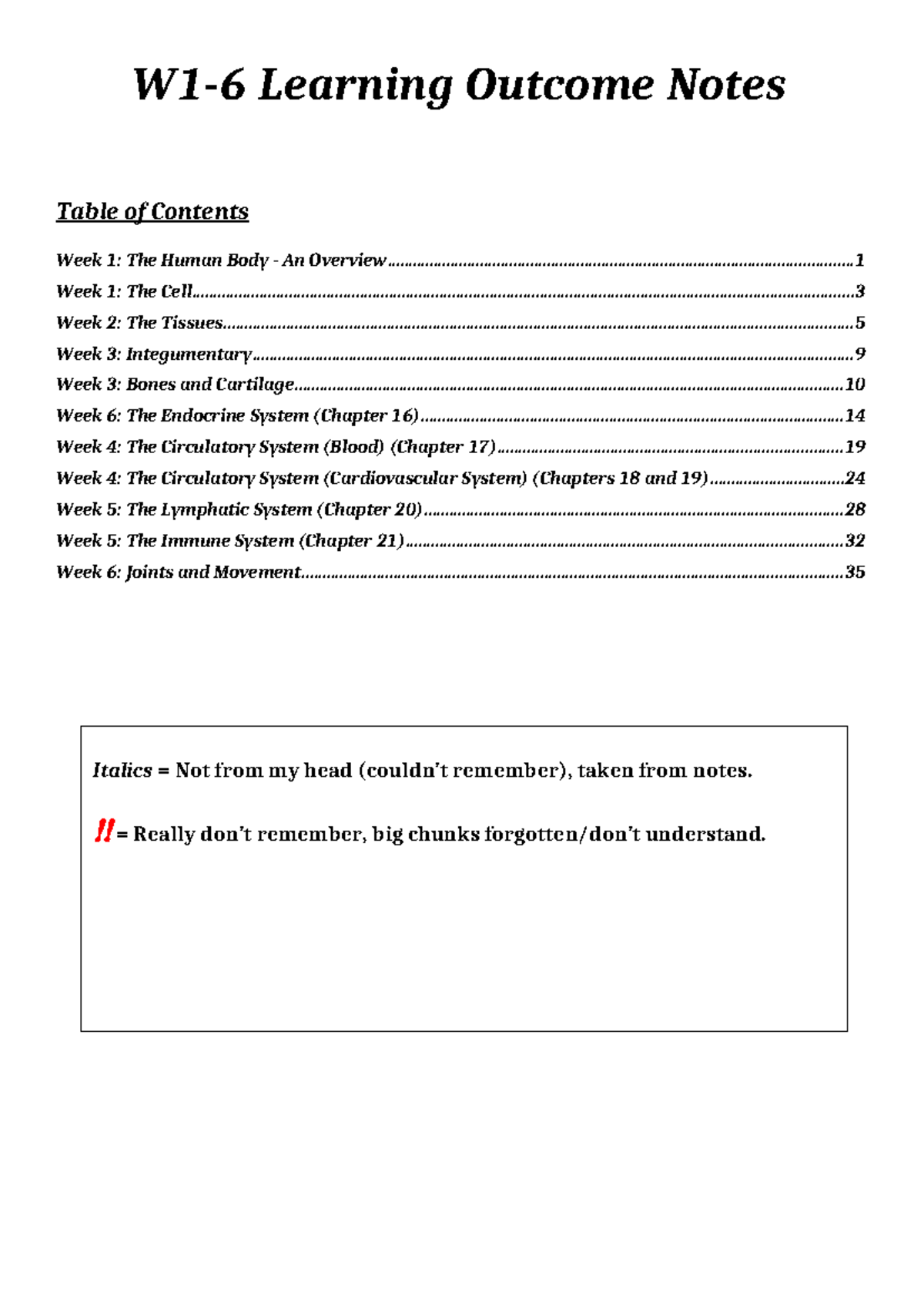 Human bio midterm learning outcome notes - W1-6 Learning Outcome Notes ...