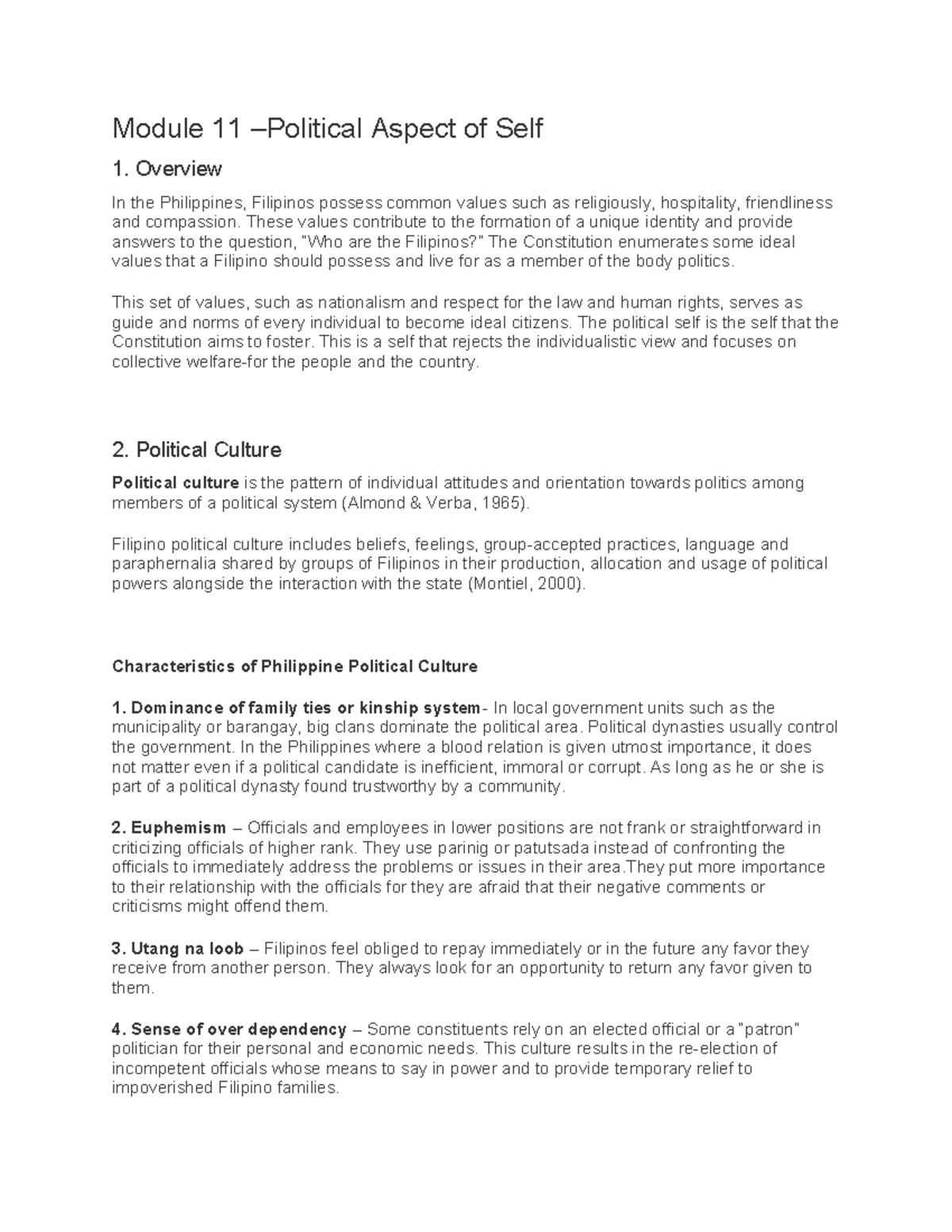 Arts - arts sample - Module 11 –Political Aspect of Self 1. Overview In ...