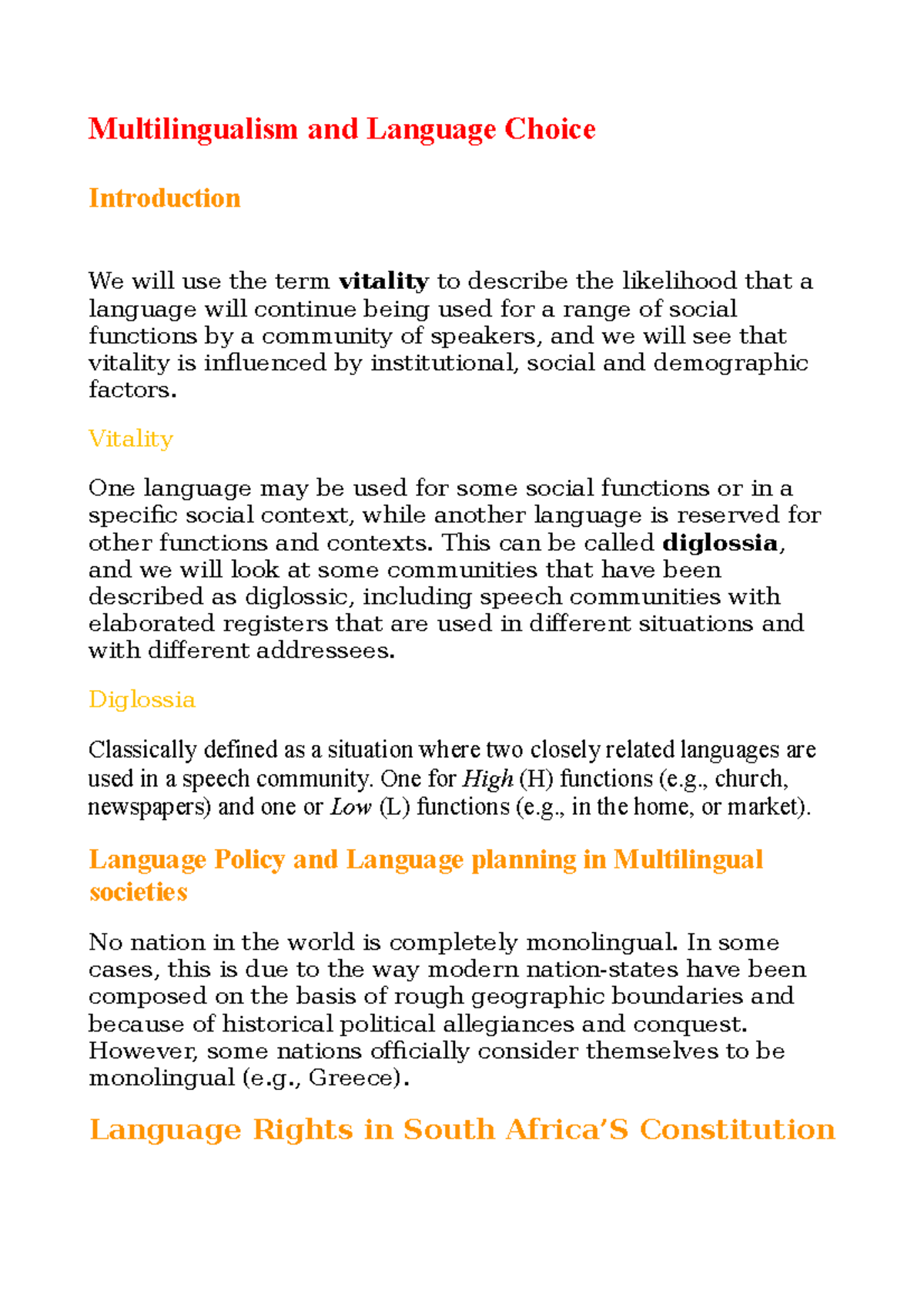 Chapter 6 - Riassunto Capitolo 6 - Multilingualism and Language Choice ...