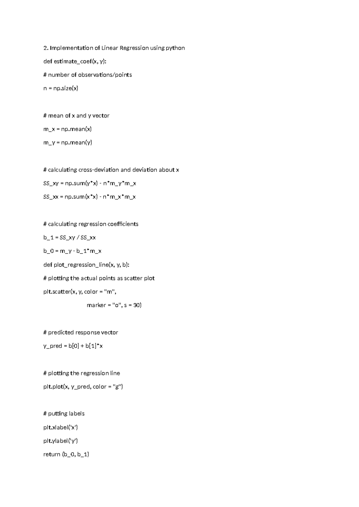 DA LAB Manual - 2. Implementation of Linear Regression using python def estimate_coef(x, y ...