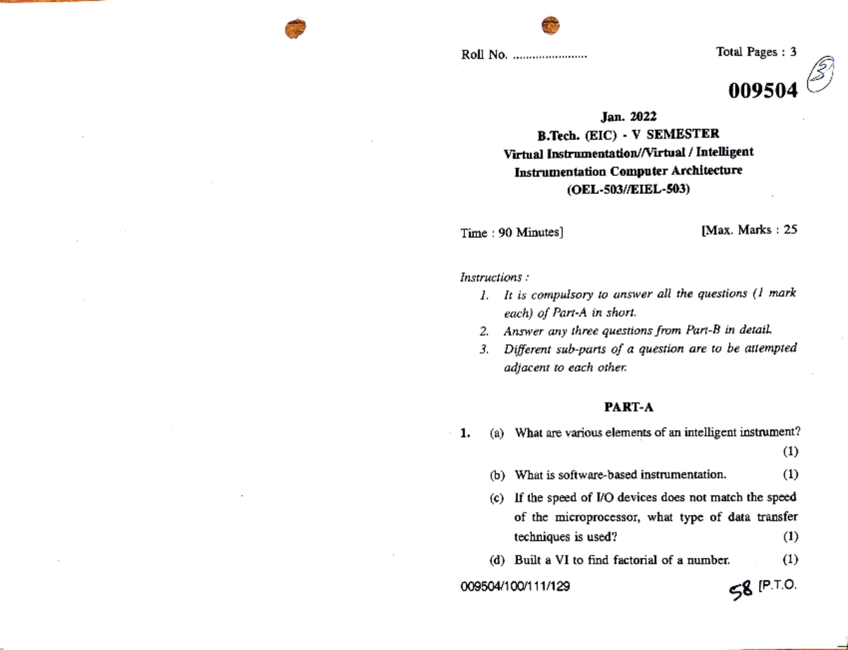 Bt Eic 2 It Is A Previous Year Paper Rol No Total Pages 3 009504 Jan 2022 B Eic V