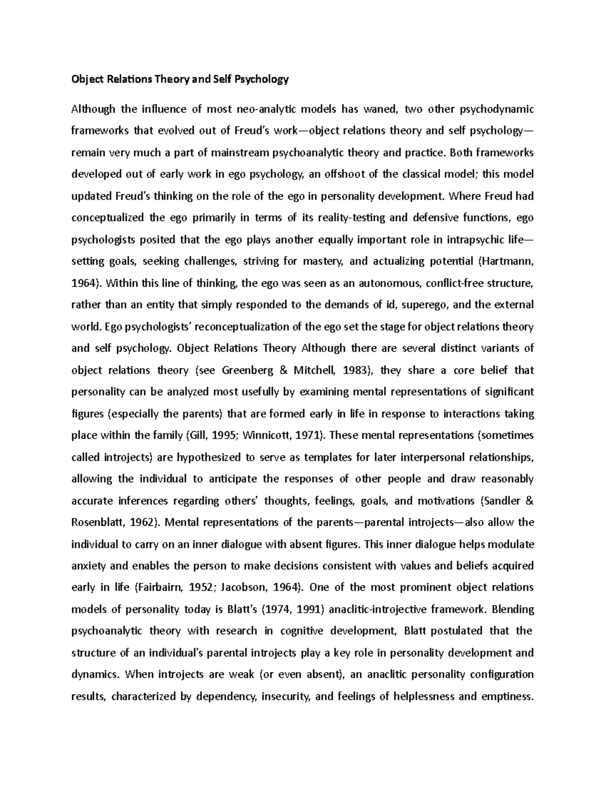 Object Relations Theory and Self Psychology - Both frameworks developed ...