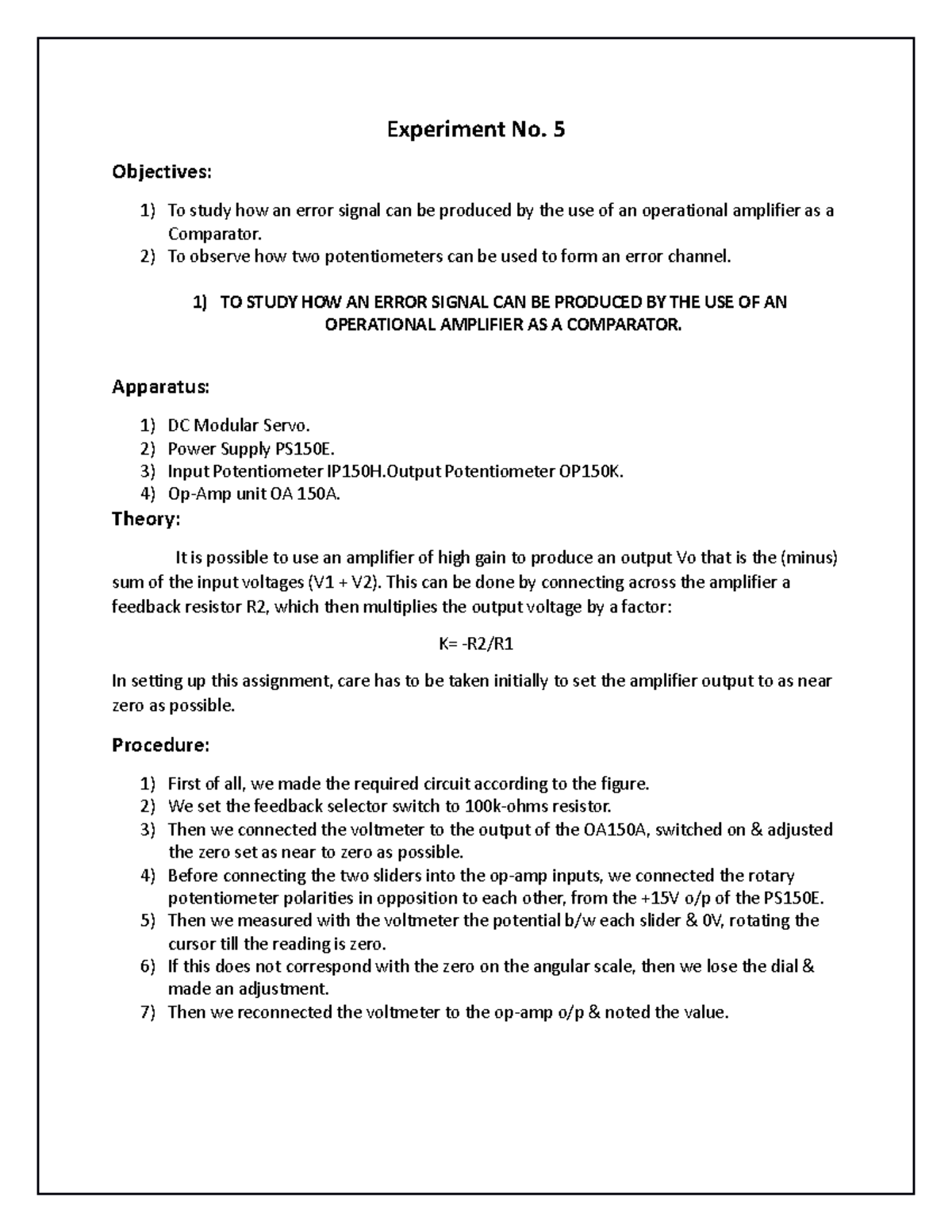 LAB 5 (HW) - LAB WORK - Experiment No. 5 Objectives: 1) To study how an error signal can be ...