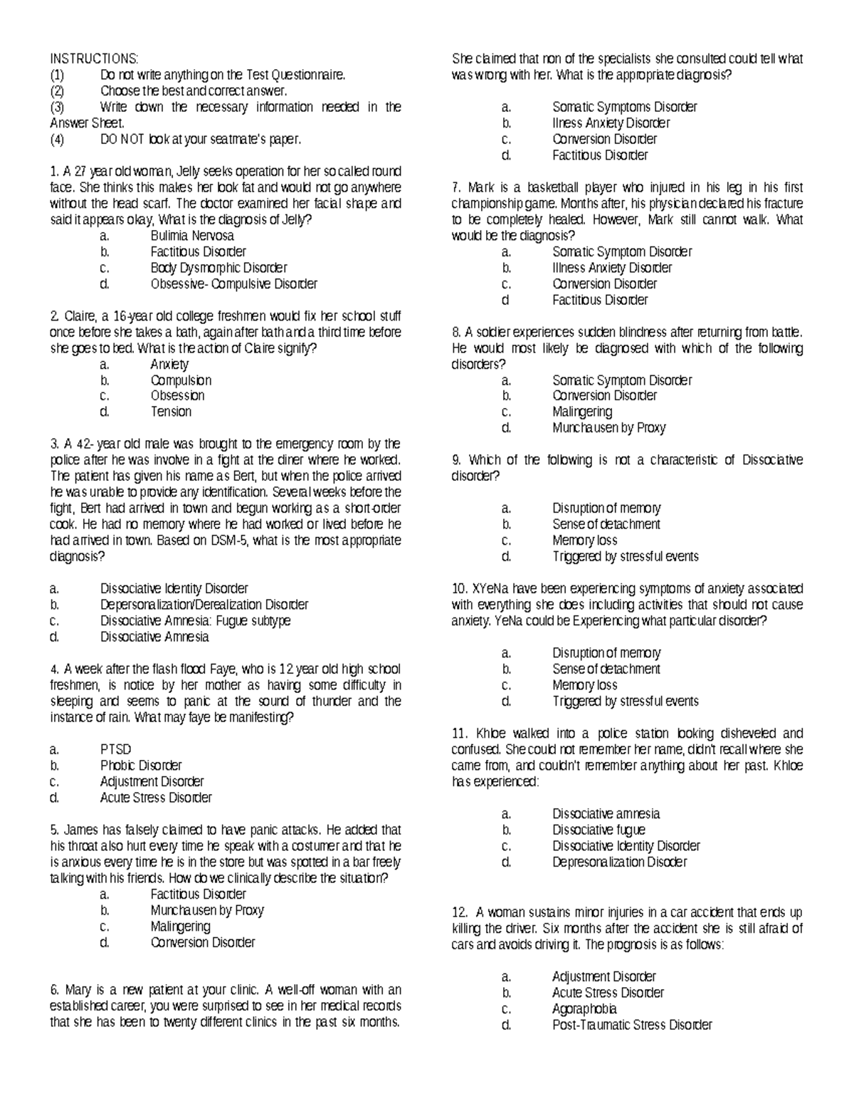 AB PSY Drills Compiled Incomplete - INSTRUCTIONS: (1) Do not write ...