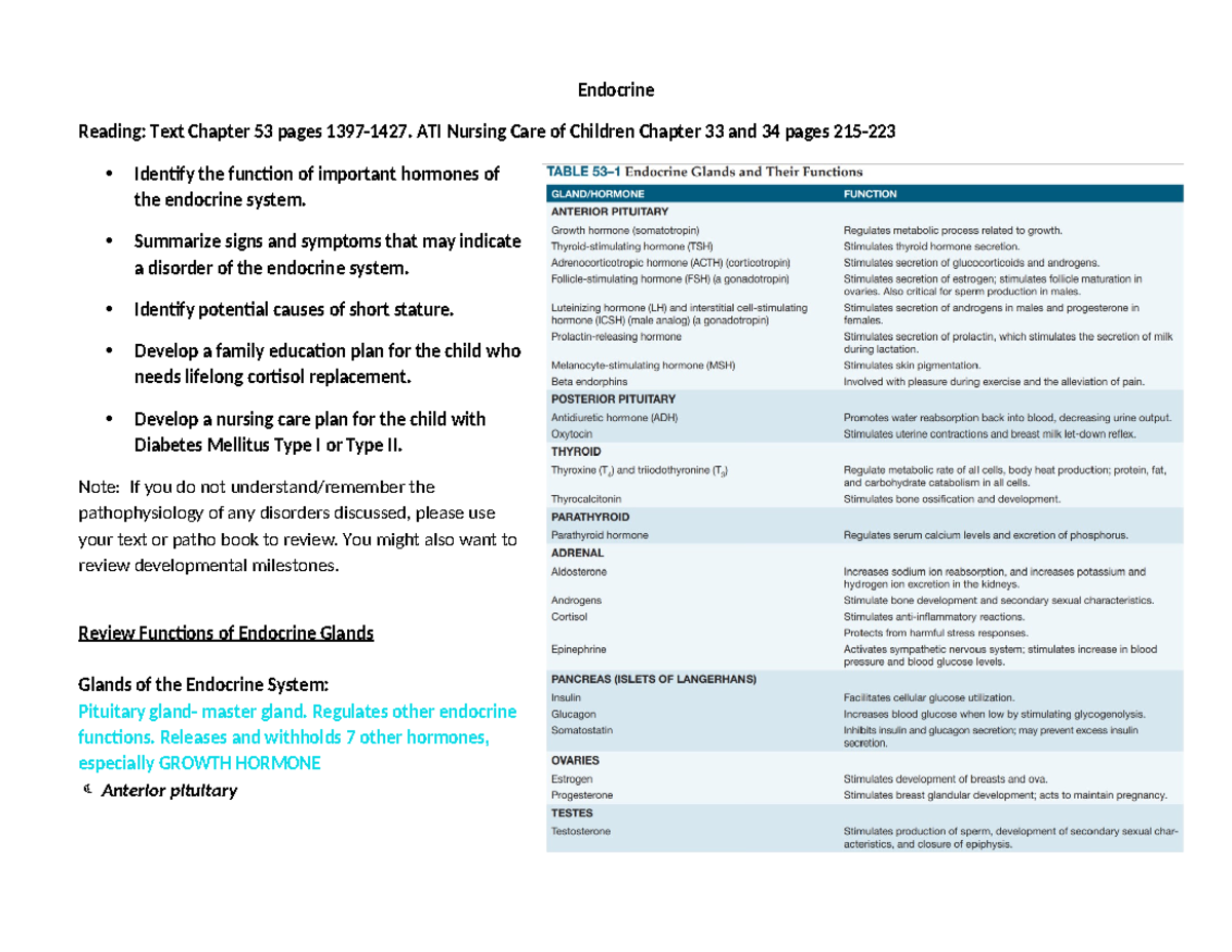 Pedi Endocrine Topic Sheet - Endocrine Reading: Text Chapter 53 pages ...