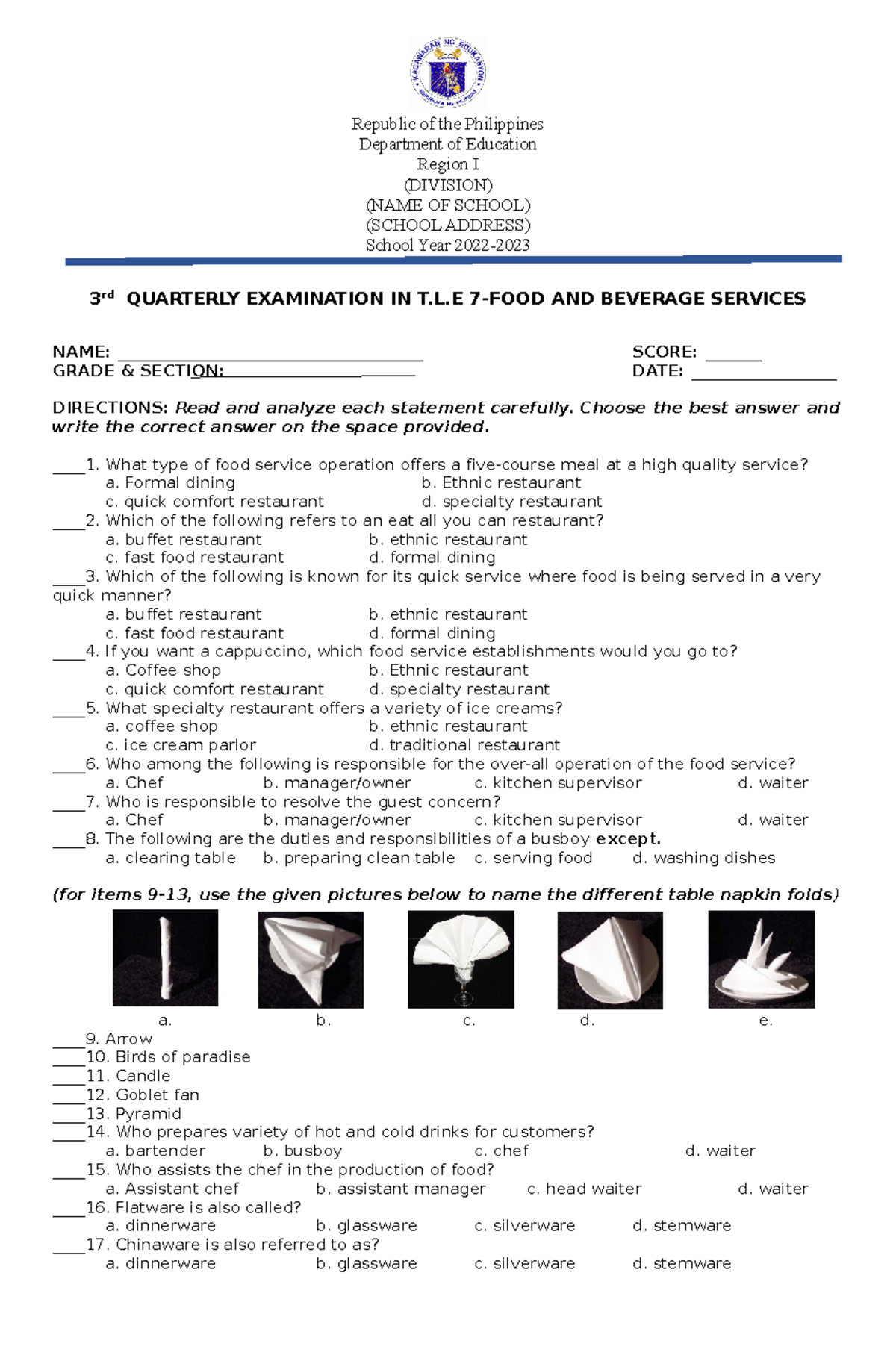FBS-EXAM - MATERIALS - Republic of the Philippines Department of ...
