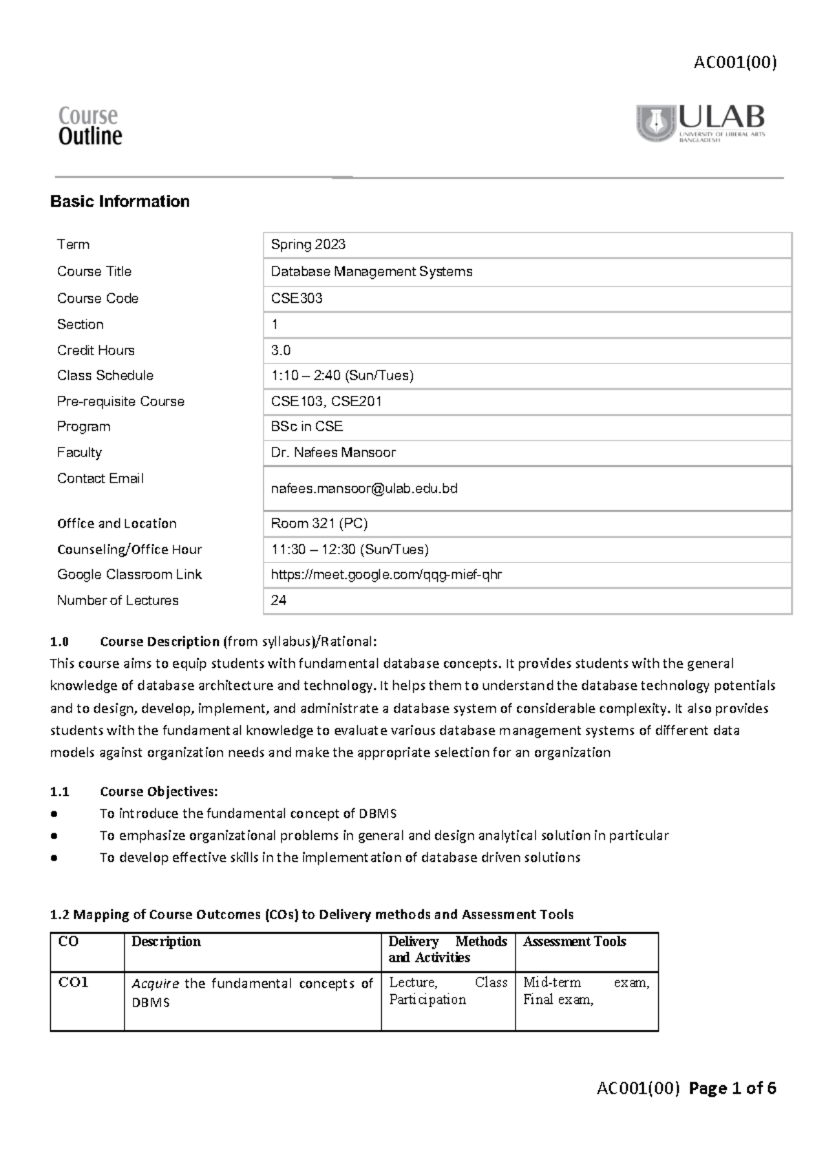 CO-CSE303 Spr23S1 Naf M - Basic Information Term Spring 2023 Course Title Database Management ...
