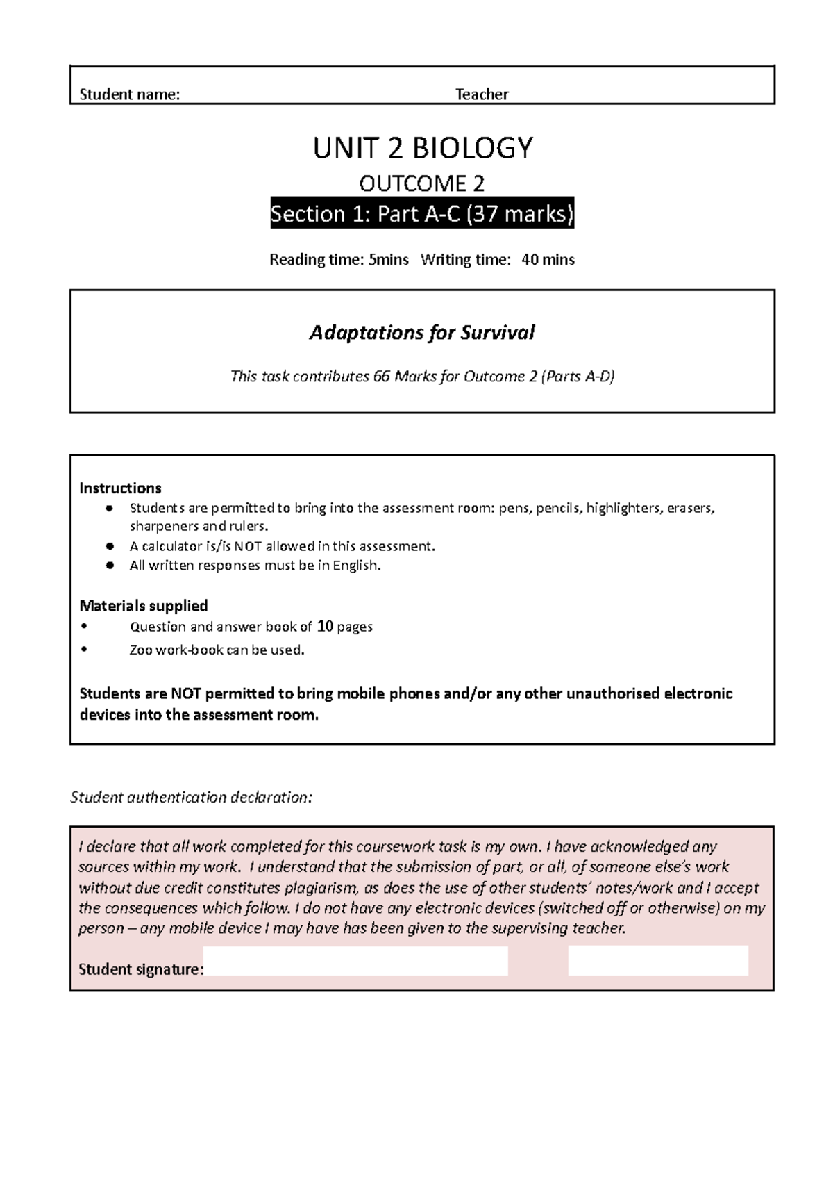 Biology Unit 2 AOS 2 outcome part 1 - Student name: Teacher UNIT 2 ...