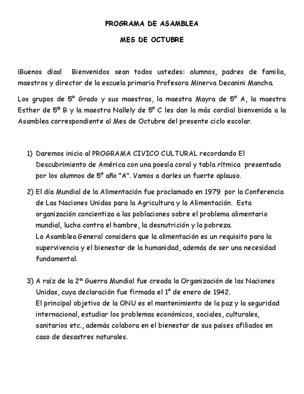 Programa DE Asamblea - PROGRAMA DE ASAMBLEA MES DE OCTUBRE ¡Buenos días! Bienvenidos sean todos ...