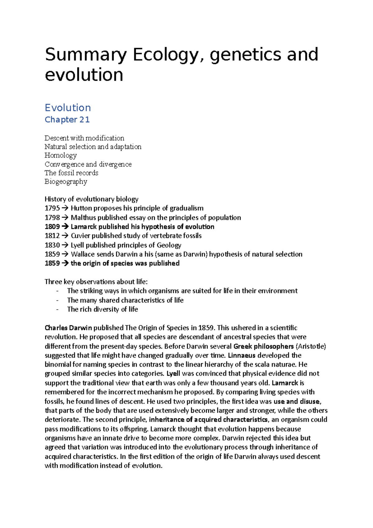 Summary Ecology, genetics and evolution - Summary Ecology, genetics and ...